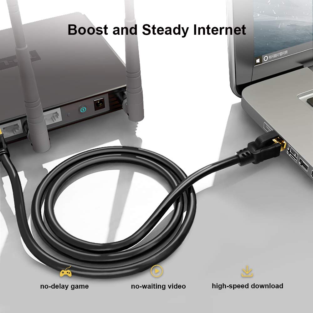 Yauhody CAT8 Ethernet Cable 6FT, High Speed 40Gbps 2000MHz SFTP Internet Network LAN Wire Cables with Gold Plated RJ45 Connector for Router, Modem, PC, Switches, Hub, Laptop, Gaming(6ft/1.83m) Black