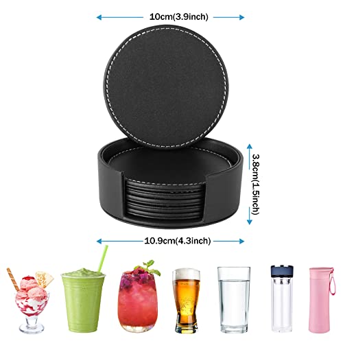CARLWAY Set of 6 Leather Drink Coasters Round Cup Mat Pad for Home and Kitchen Use Black, 3.94"