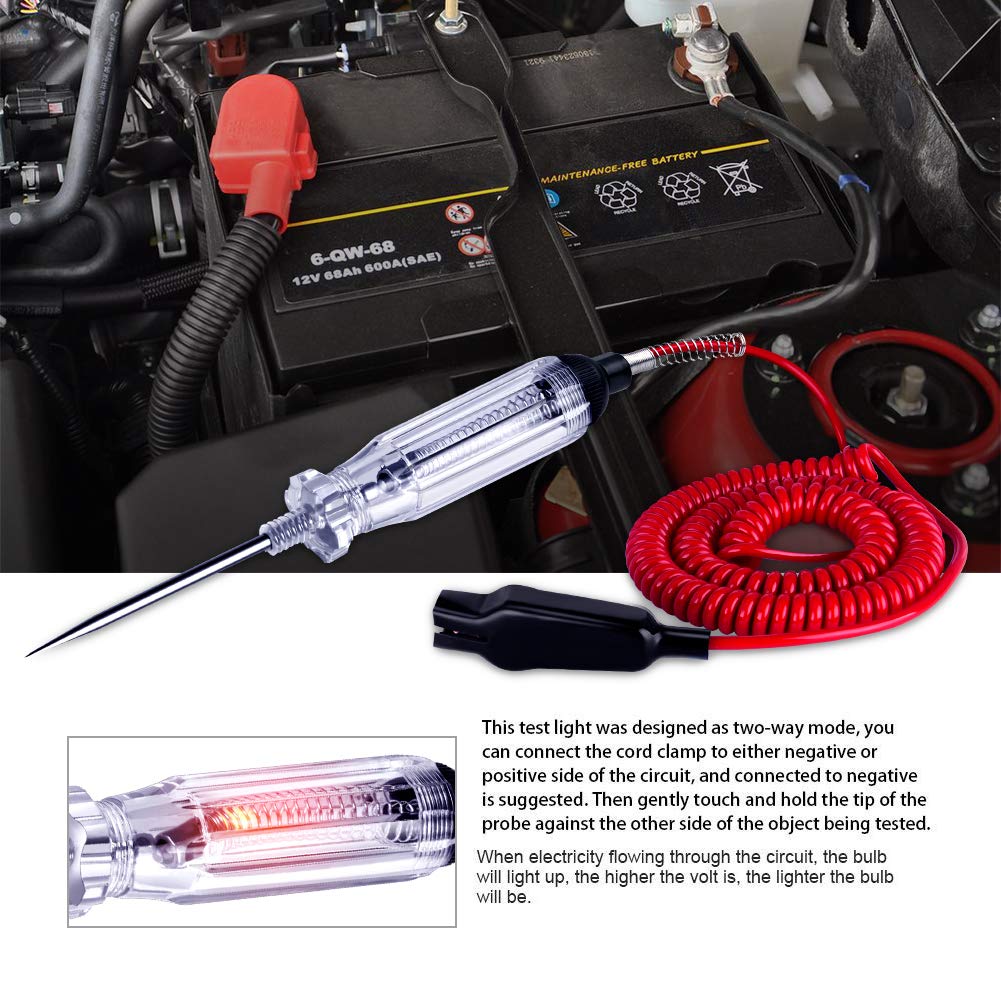 2PCS Heavy Duty Automotive Circuit Tester, Premium 6-24V Test Light with Extended Spring Test Leads & Sharp Piercing Probe, Circuit Voltage Tester with Replacement Indicator Light for Car/Vehicles