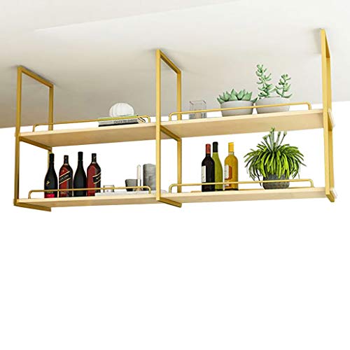 Nordic Iron Solid Wood Ceiling Shelf, 2 Tier Ceiling Mounted Storage Shelf, Bar Restaurant Hanging Decorative Flower Stand (Color : Gold, Size : 80×30×80cm)