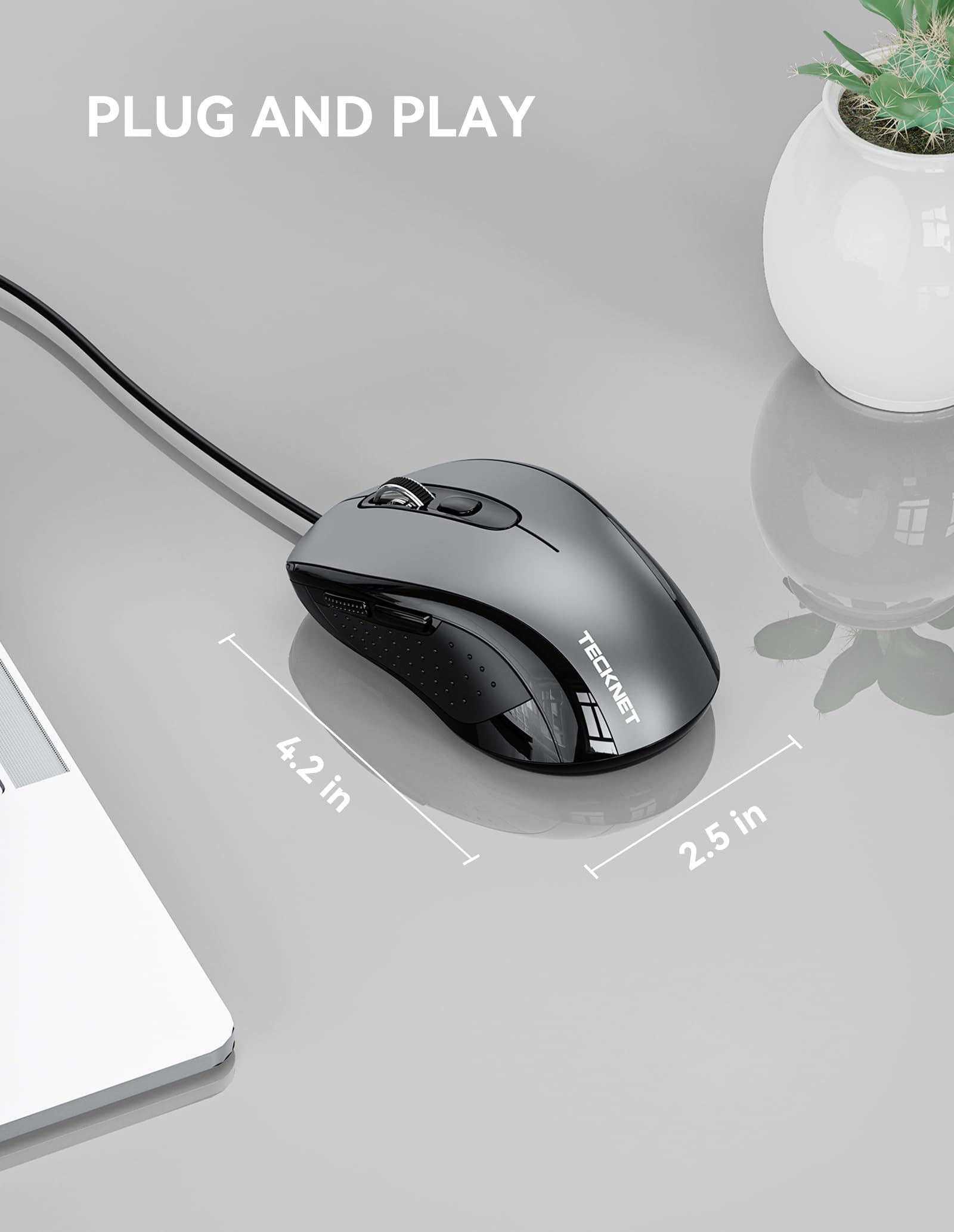 TECKNET Computer Wired Mouse, USB Mouse Wired for Laptop with 6-Button, 3600DPI Optical PC Wired Mouse, Home and Office 5FT USB-A Corded Comfortable Mouse, Plug & Play, NO Battery Required-Grey