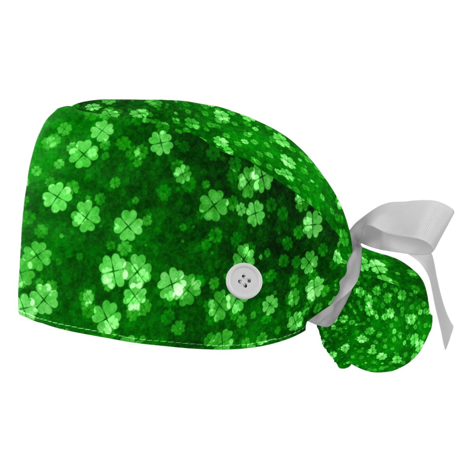 2 Pcs Working Cap with Button Sweatband, Green Clover Leaf Scrub Hats Ponytail Holder for Women Long Hair