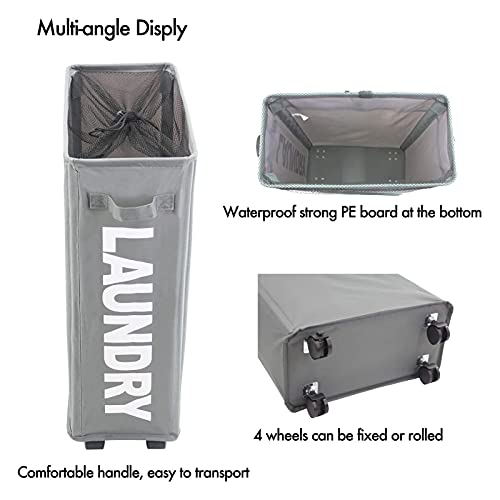 Mziart 22" Rolling Laundry Baskets on Wheels, Collapsible Slim Laundry Hamper Canvas Flexible Laundry Bag Storage Bin Organizer Dirty Clothes Sorter for Laundry Room Organization and Storage (Grey)