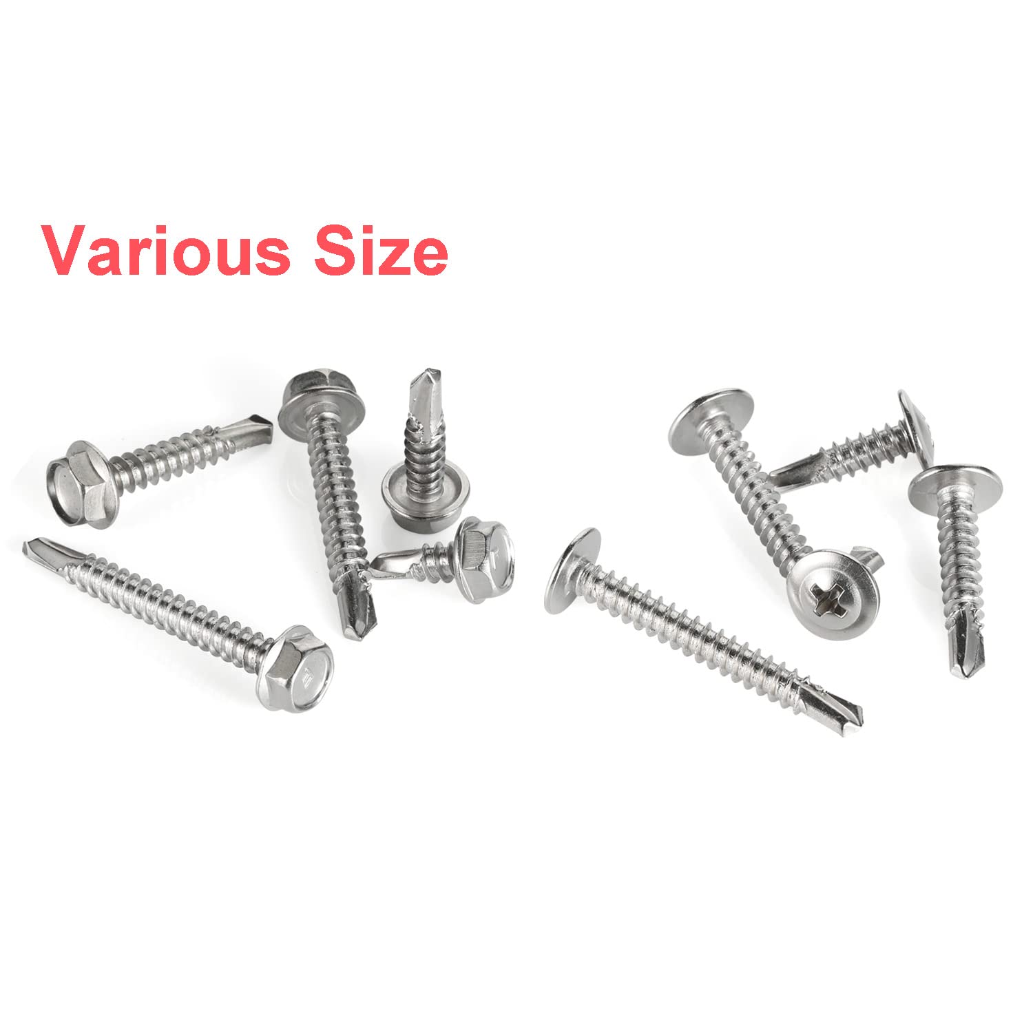 330PCS #10 Self Drilling TEK Screw Assortment Kit, Hex Washer & Modified Truss Head Self Tapping Screws for Metal, 410 Stainless Steel Screws, Length 1/2" to 1-1/2"
