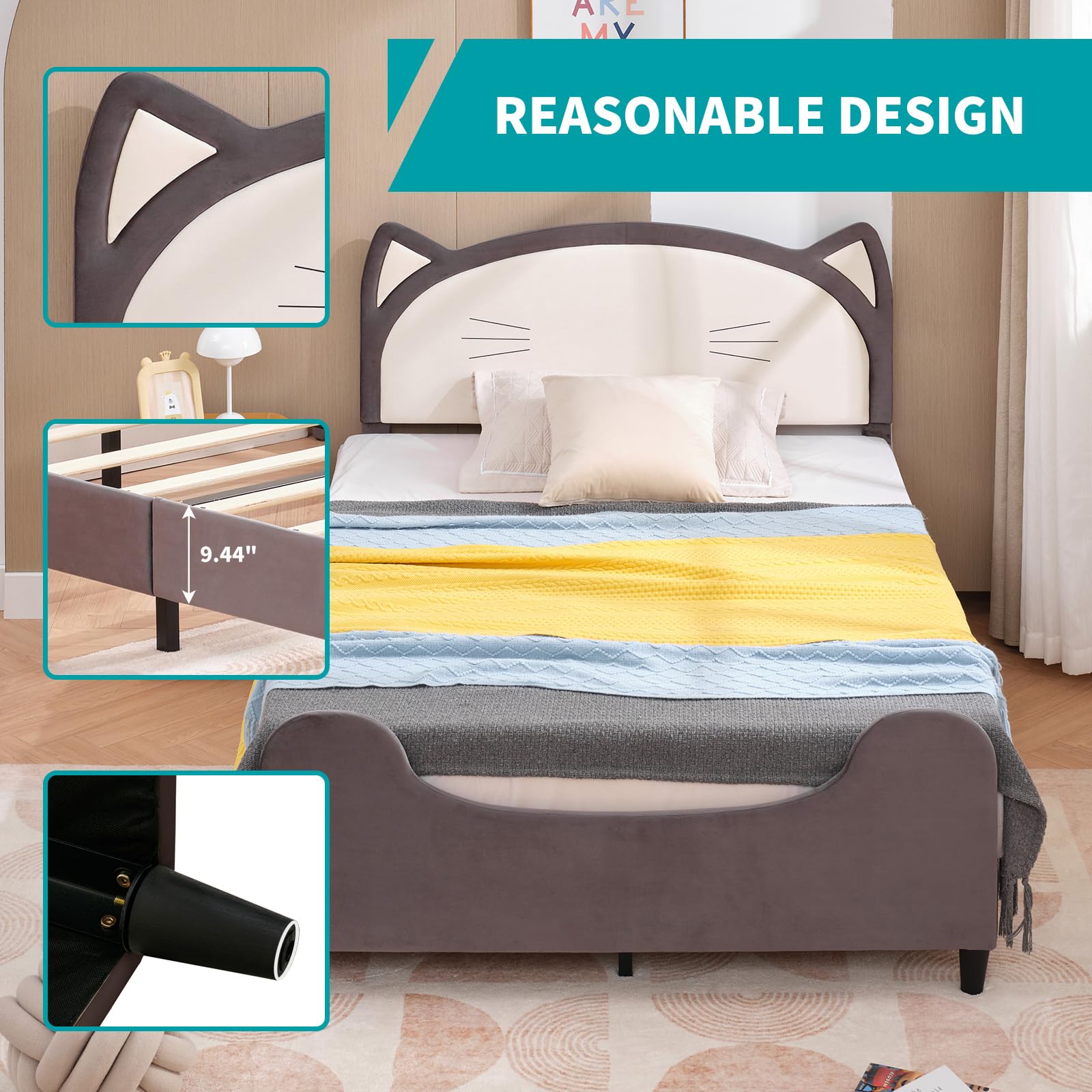 MUZZ Twin Kid Bed Frame,Velvet Bed Frame with Cat Ears Headboard, Upholstered Kids Bed Platform with Sturdy Slats Support,No Box Spring Needed,Bedroom Use(Twin/Cat)