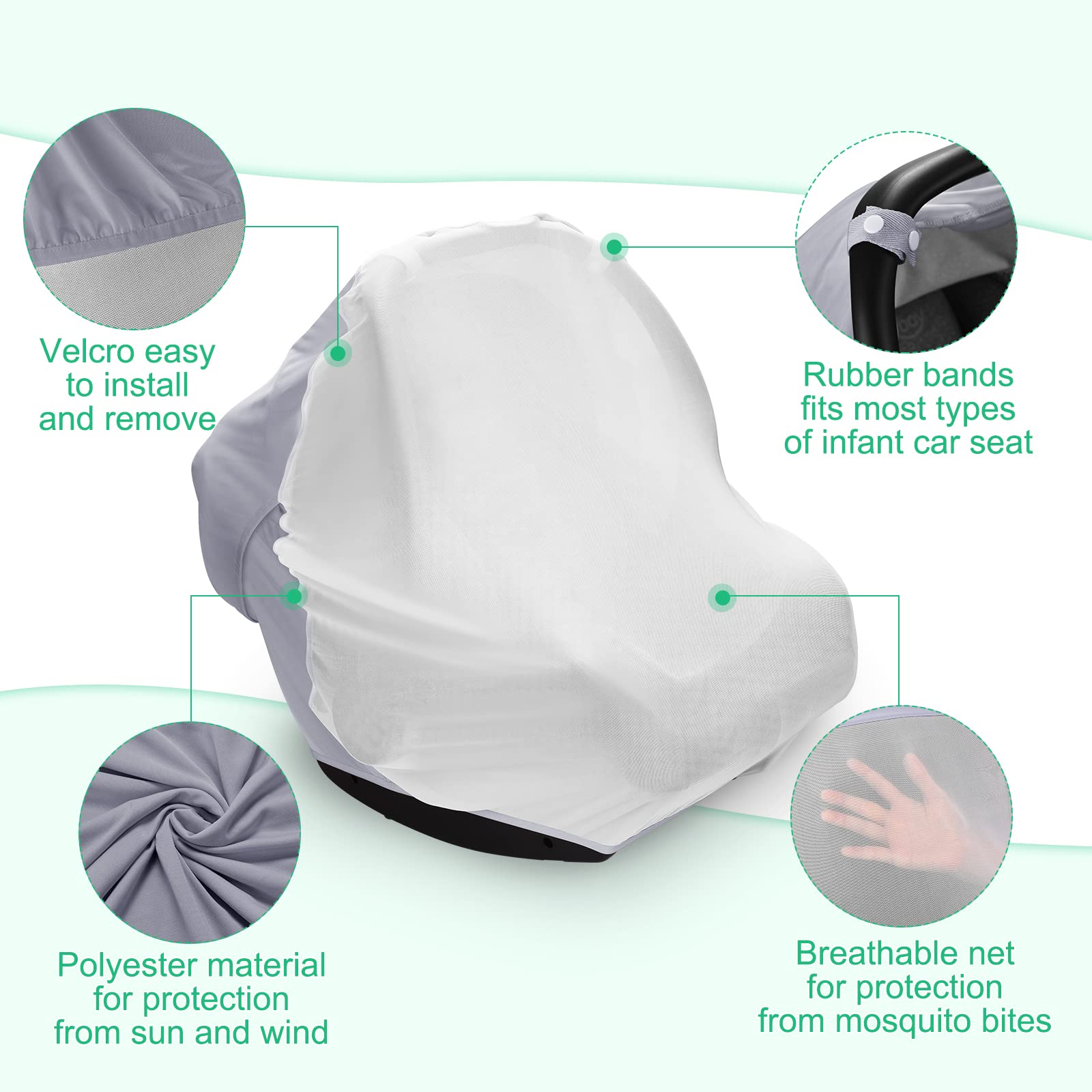 2-in-1 Baby Car Seat Cover, Infant Car Seat Canopy with Sun and Bug, Privacy Shade, Protects Babies from Mos-quitoes, Wind, Sunlight, Universal Comfortable (Grey)