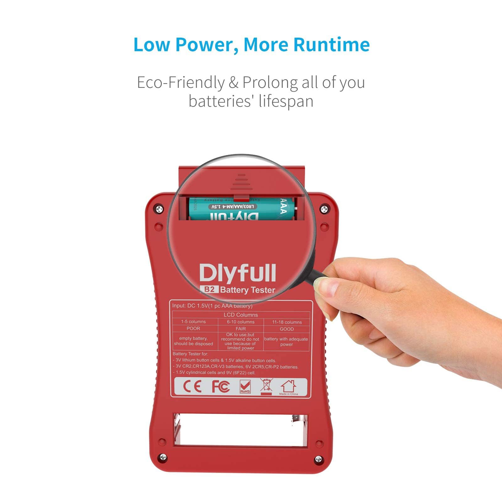 Dlyfull Battery Tester, LCD Display Universal Battery Checker for AA AAA C D 9V CR2032 CR123A CR2 CRV3 2CR5 CRP2 1.5V/3V Button Cell Batteries, 1x AAA Batteries Included