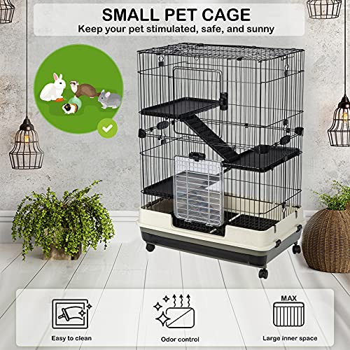 4-Tier 32" Small Animal Metal Cage Height Adjustable with Lockable Casters Grilles Pull-Out Tray for Rabbit Chinchilla Ferret Bunny Guinea Pig Squirrel Hedgehog,Black