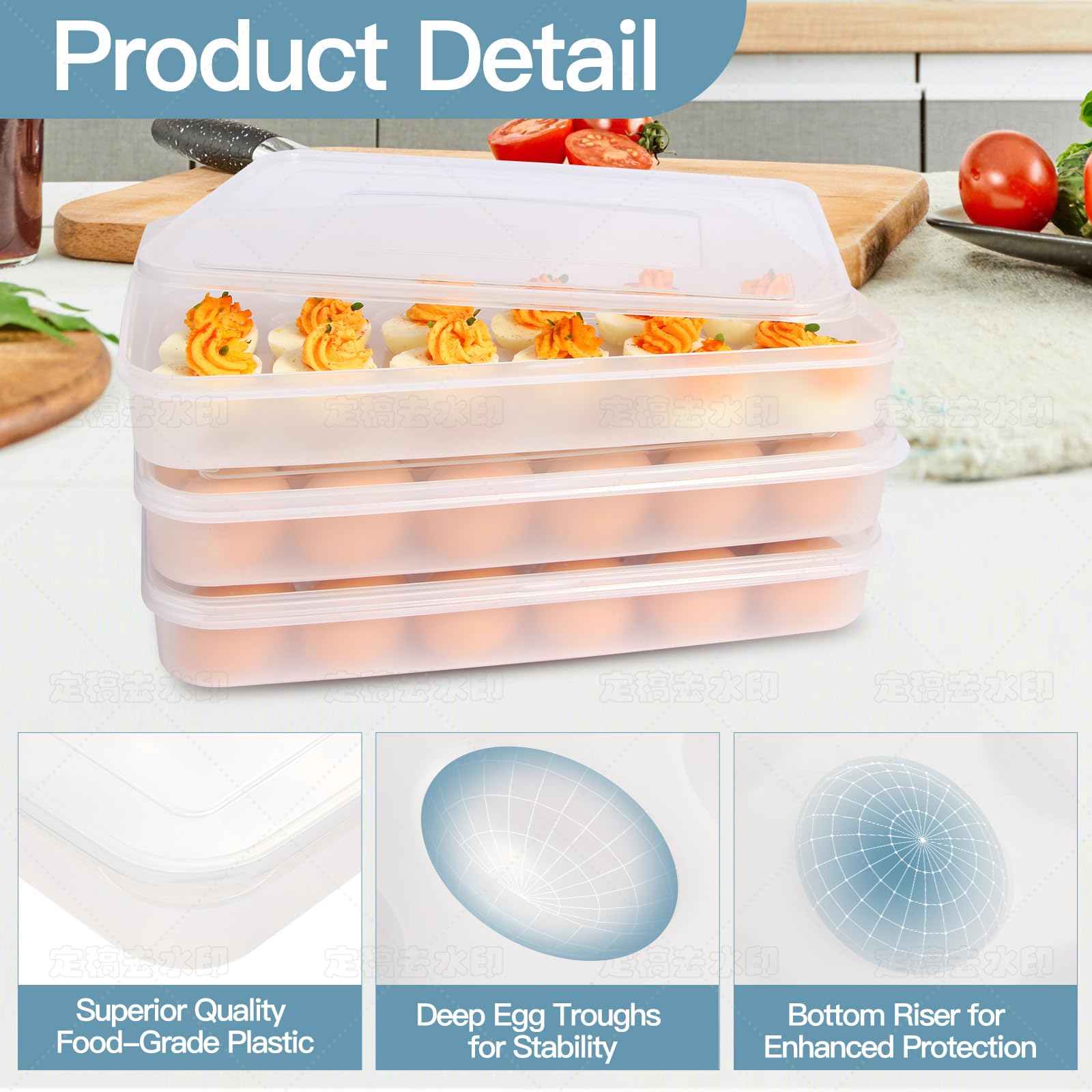 3 Pcs Deviled Egg Containers with Lid,72pcs Plastic Deviled Egg Tray Carrier with Handl Injector Piping Tool,Deviled Egg Platter Holder Organizer for Refrigerator Party Picnic Party Events Serving