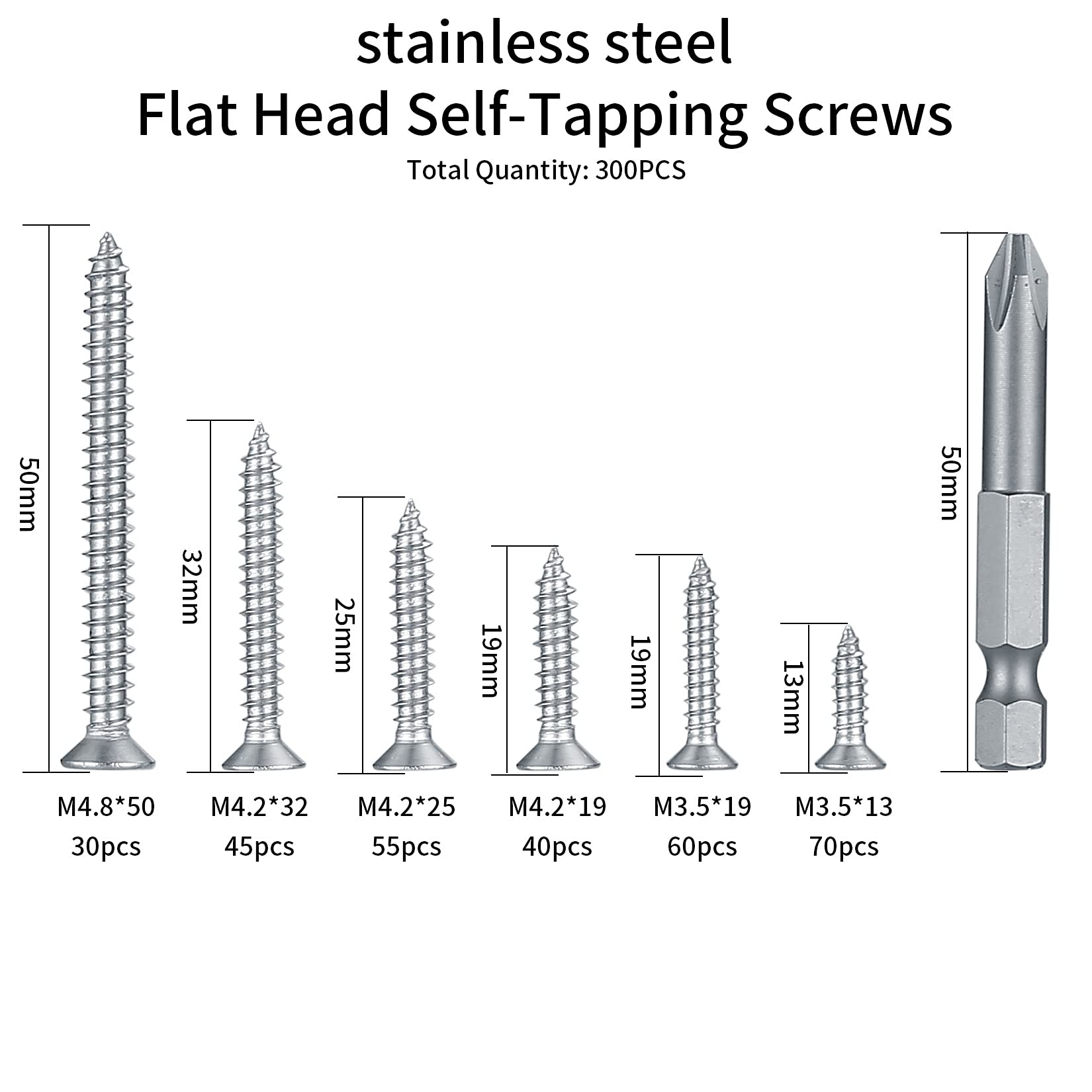 300 Pcs Self Tapping Screws Assortment Set, M3.5/M4.2/M4.8 Phillips Drive Wood Screws, Stainless Steel Round Flat Head Sheet Metal Screws Assortment Kit
