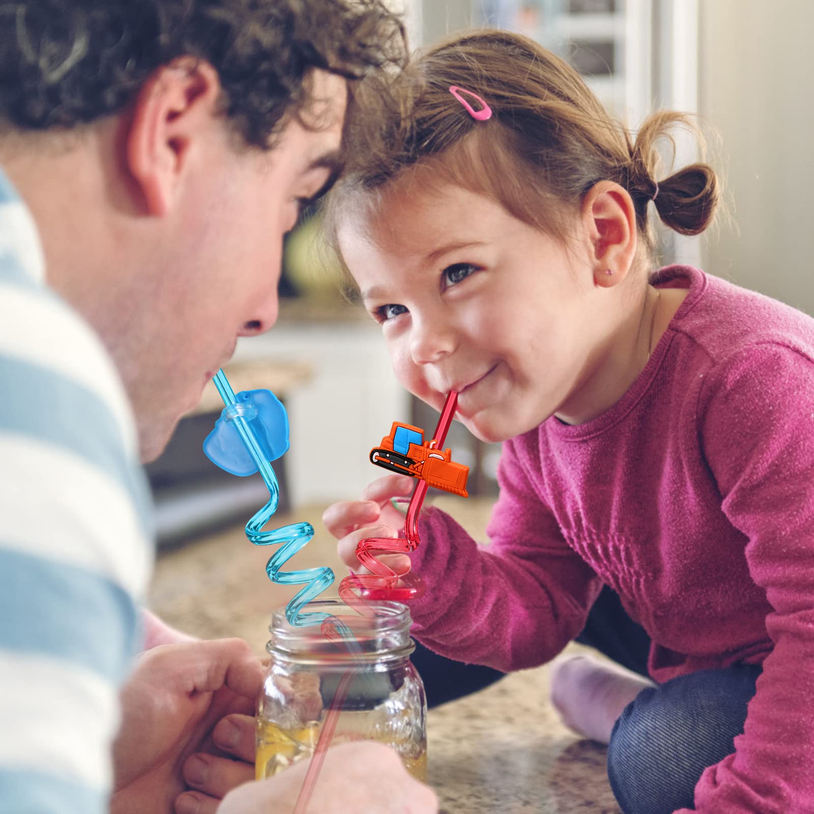 24 PCS Construction Drinking Straws Reusable Excavator Bulldozer Blender Truck Plastic Beverages Cocktail Straw with Cartoon Decoration for Kids Construction Party Supplies Favors, 8 Styles