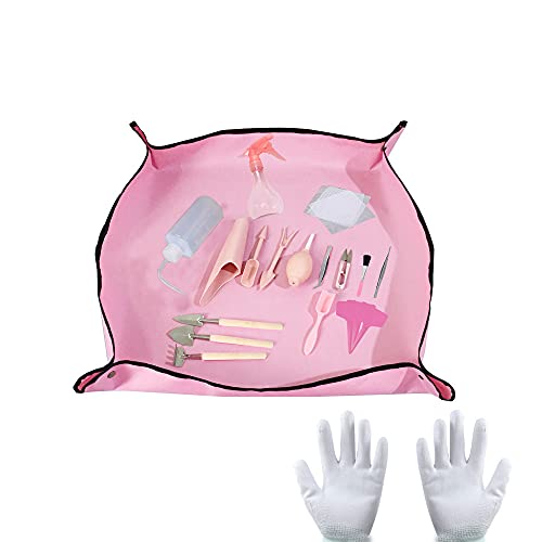 22 Pieces Succulent Planting Tools Kit, Mini Gardening Hand Tools Set - Potting,Cactus, Bonsai, Transplanting Tools + PU Nylon Gloves Coated Palm Anti-Static + Gardening Mat (Pink)_AB
