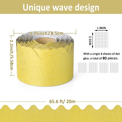 65.6 Feet Bulletin Board Borders, Gold Glitter Borders Trim, Gold Scalloped Bulletin Board Paper with 80 Pieces Glue Points for Blackboard Classroom School Office Home Desk Poster Decoration (Gold)