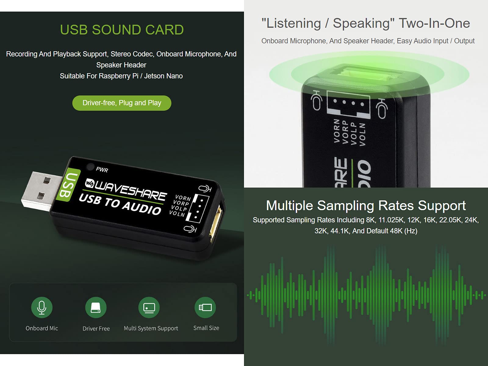 Waveshare USB Sound Card for Raspberry Pi/Jetson Nano USB Audio Module External Audio Converter Recording and Playback Support Stereo Codec Onboard Microphone and Speaker Header No Driver Required