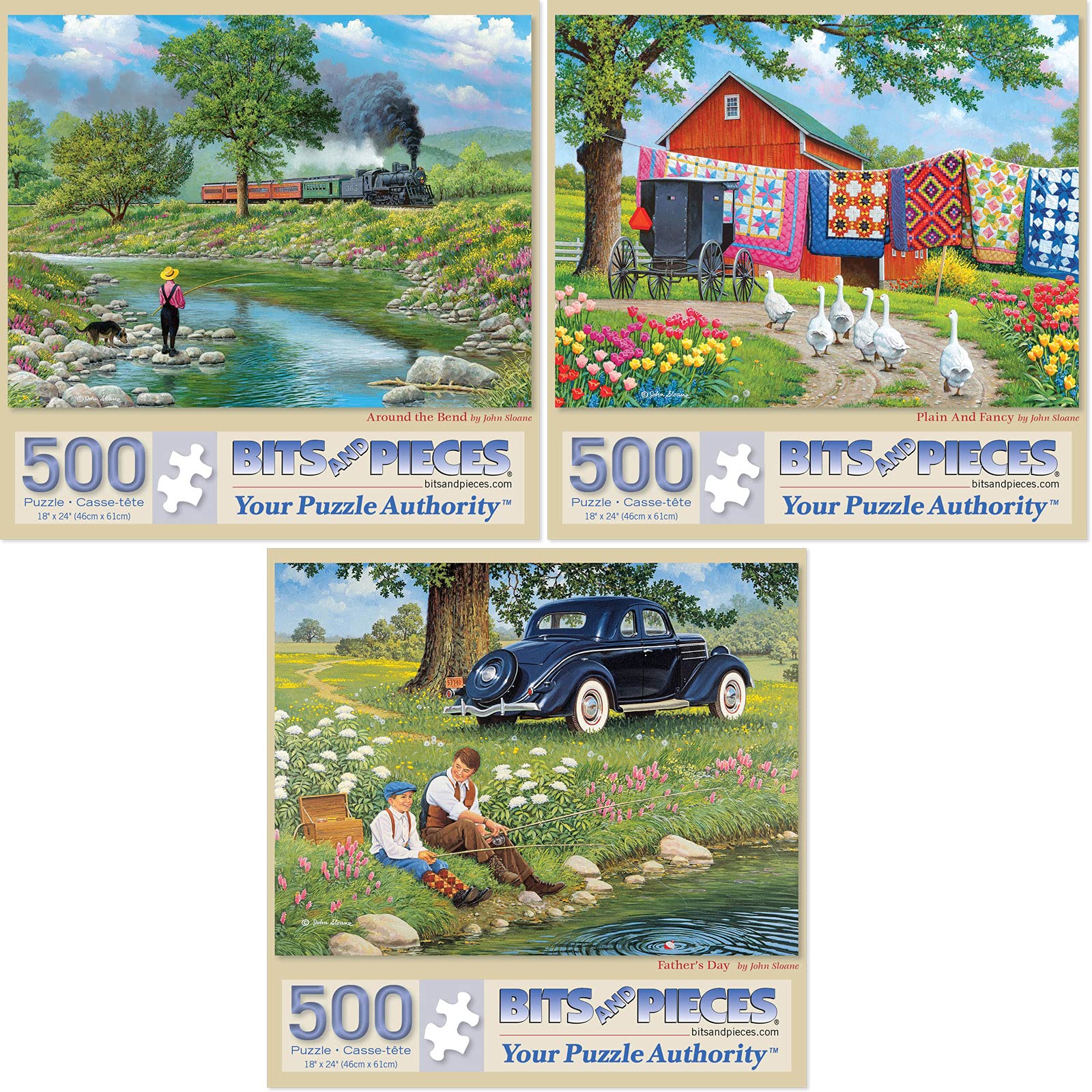 Bits and Pieces β Value Set of Three 500 Piece Jigsaw Puzzles for Adults β Around The Bend, Plain and Fancy, Father's Day Jigsaw Puzzles by Artist John Sloane, Completed Puzzle Size: 18" x 24"