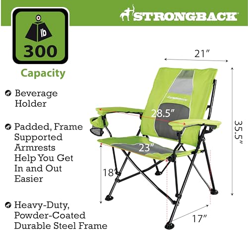 STRONGBACK Elite 2.0 Adult Camping Chair with Lumbar Support and Carry Bag, Lime Green/Grey