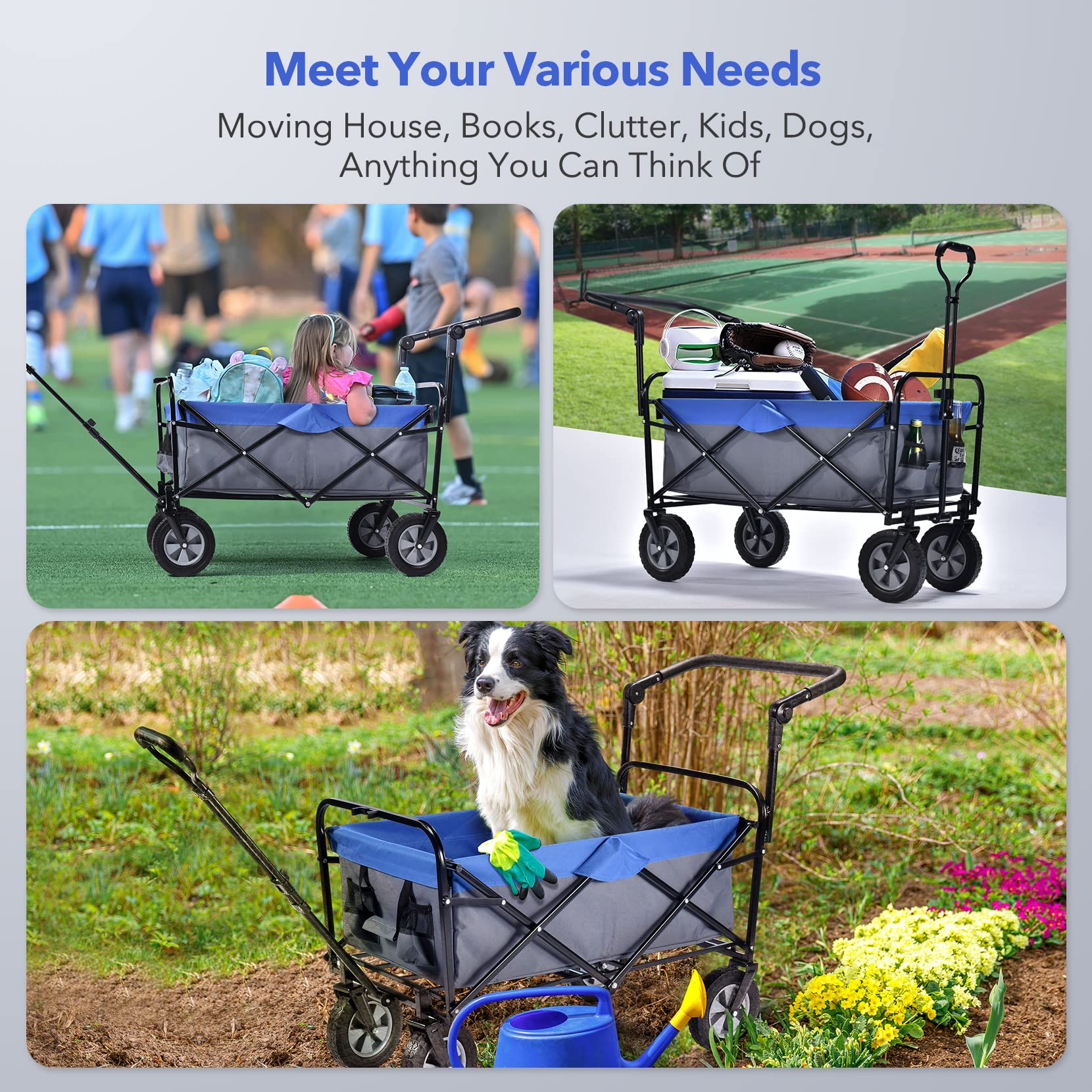 220 lbs Capacity Foldable All Terrain Utility Wagon for Outdoor Camping, Shopping, Sports - 100L, Push Pull Cart