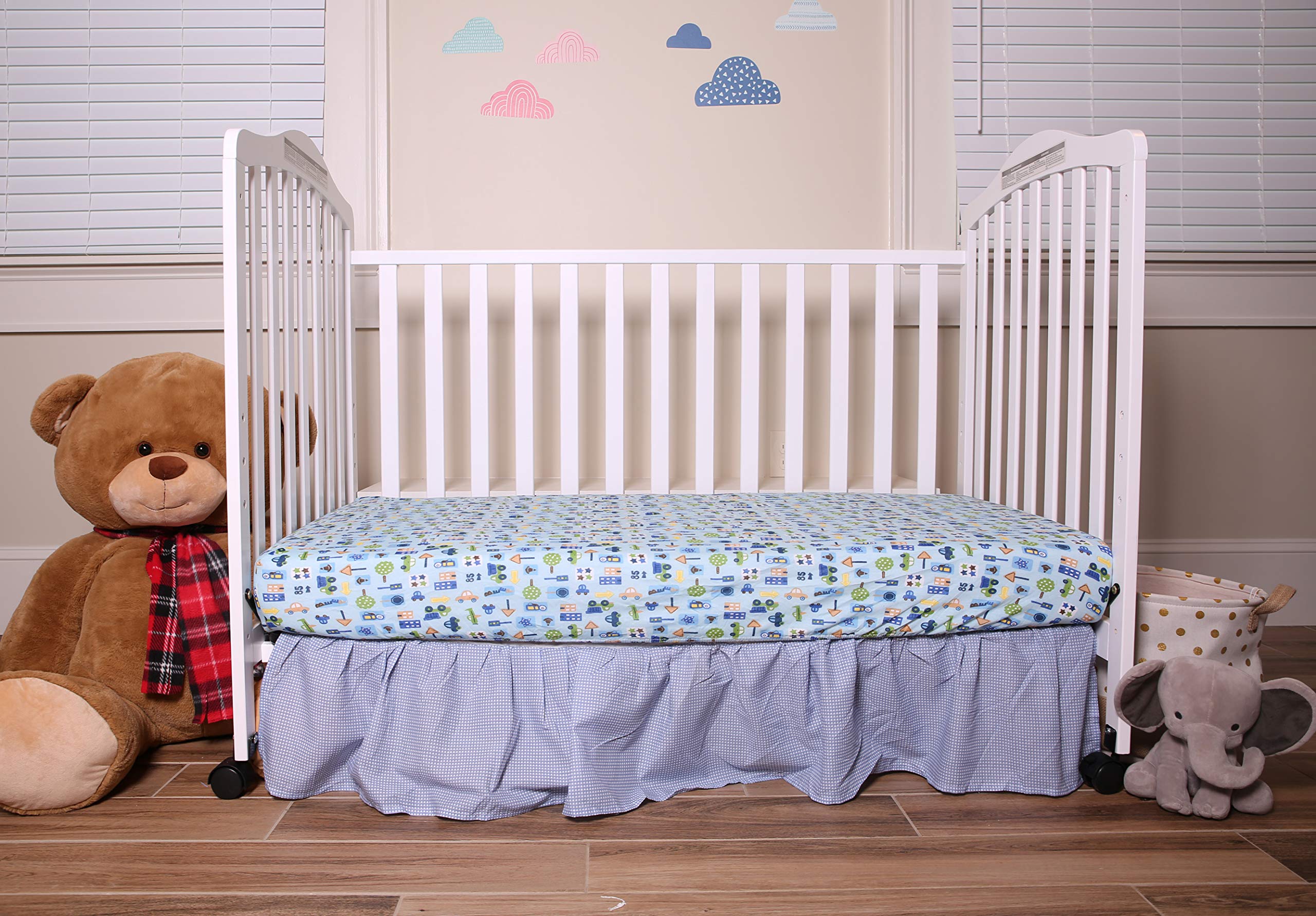 Big Oshi Fitted Mini Crib Sheet - for Portable Cribs or Mini Cribs - Fits Mattresses up to 3 Inches Deep - Knitted, 100% Cotton, Traffic Cars Pattern, Blue (SHT-294)