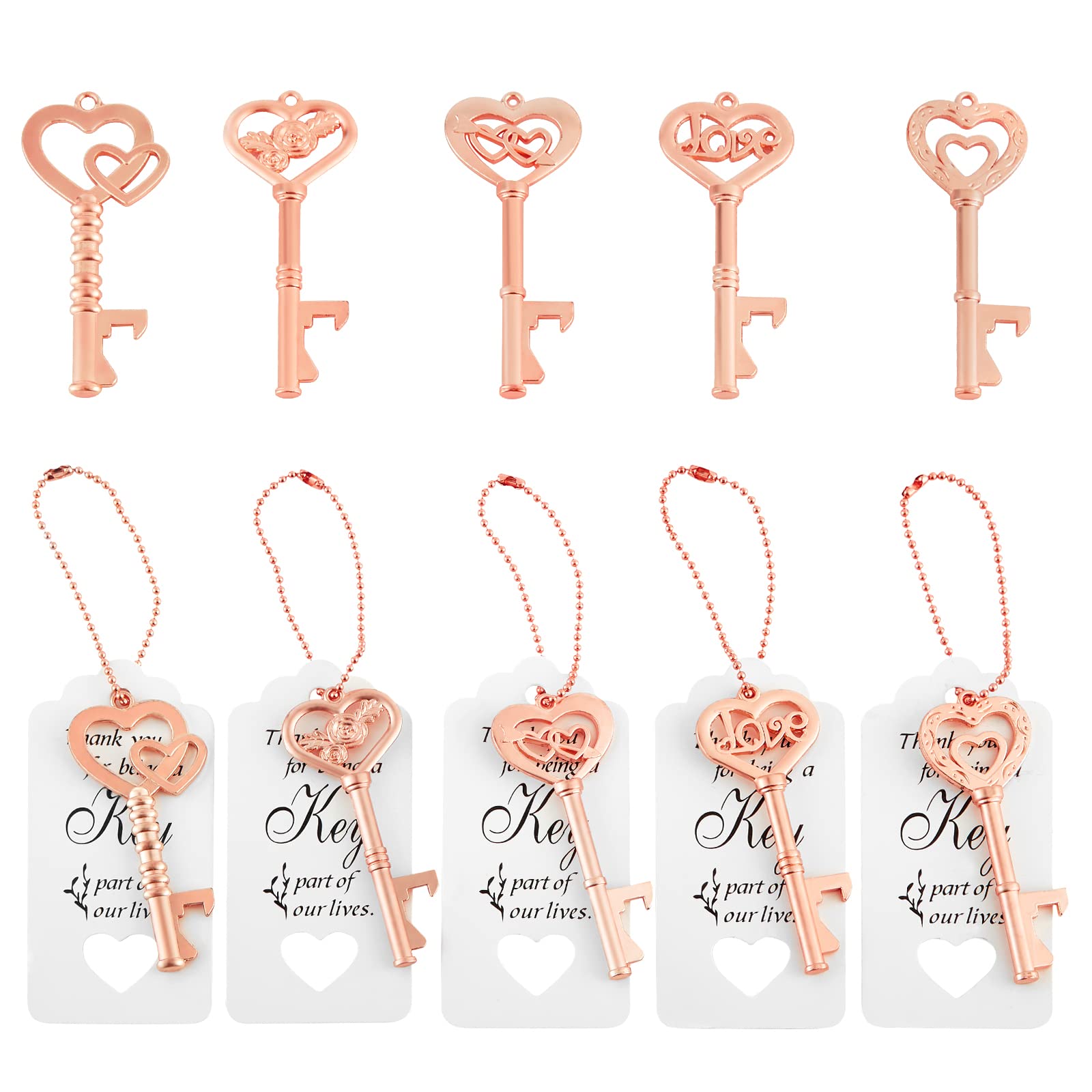 50 PCS Wedding Favors for Guests,Vintage Skeleton Key Bottle Openers, Bridal Shower Party Favors, Wedding Gift Key Bottle Opener with Tag Cards and Key Chains (Rose Gold)