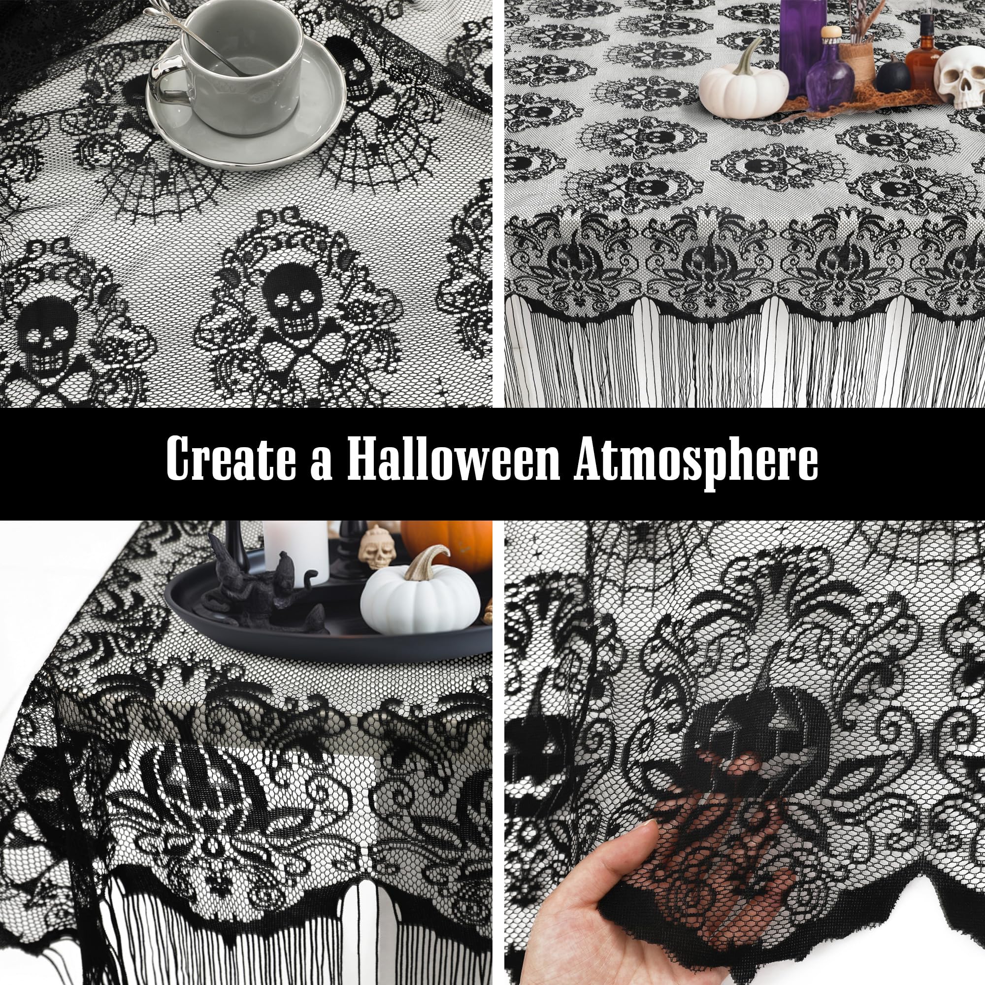 OWENIE Halloween Tablecloth, Skull Lace Fabric Tablecloths with Tassel, Black Pumpkin Table Cloths Table Cover for Rectangle Tables for Parties Gothic Halloween Home Decorations, 52x52 Inch