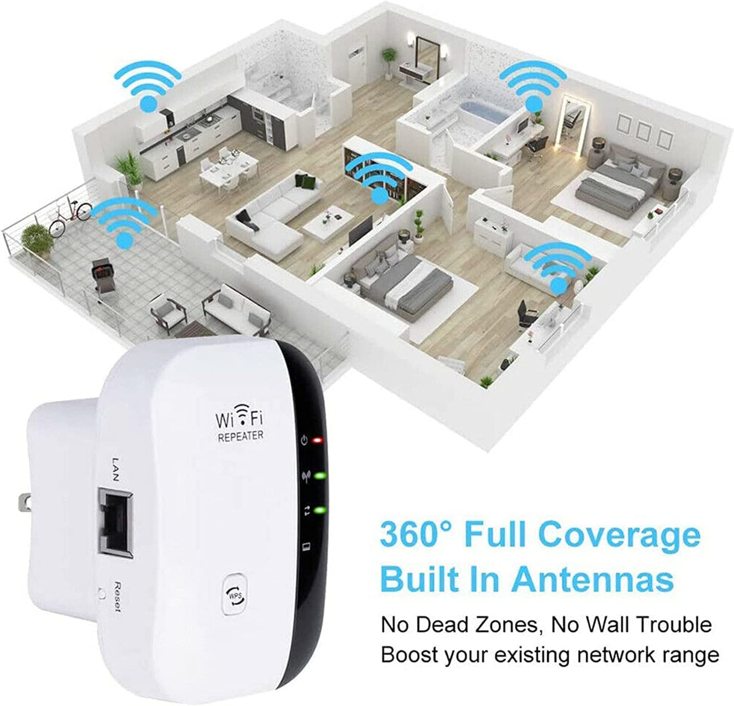 300Mbps WiFi Extender Signal Booster, Wireless Dual-Band Network Repeater, WiFi Range Extender, with Ethernet Port, 1-Tap Setup Access Point,Covers Up to 2640 Square Feet White