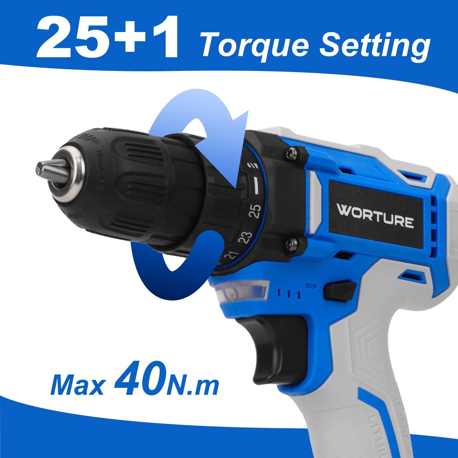 20V Cordless Drill, 3/8” Keyless Chuck, 353 In-lb (40 N.m) Torque, 2 Variable Speed, Electric Power Drill Set with 1.5AH Battery & Charger, 25+1 Position and 34 pcs Drill/Driver Bits (Blue)