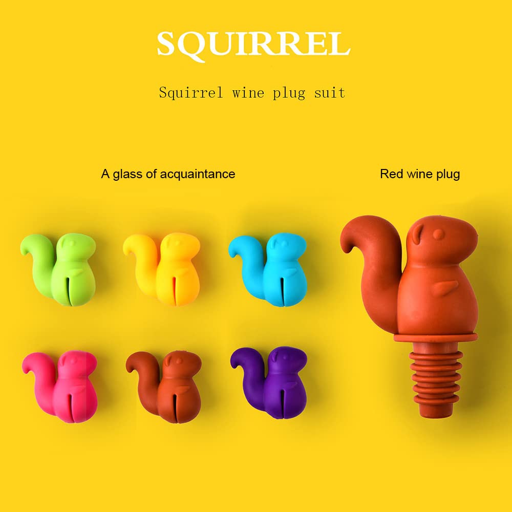 6+1PCS Squirrel Shapes Wine Stopper Set, Silicone Wine Bottle Stopper, Reusable Fun Animal Bottle Stopper, Gift Box Package Bottle Stoppers Set