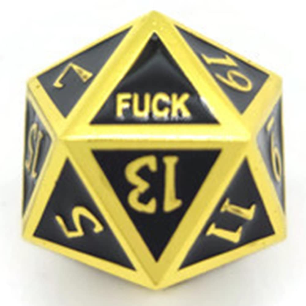 Black and Gold Metal D20 F*** Dice Critical Fail F 20 Sided Die Set DND Black Gunmetal Color Number for Role Playing Game Dungeons and Dragons D&D Pathfinder Shadowrun and Math Paladin
