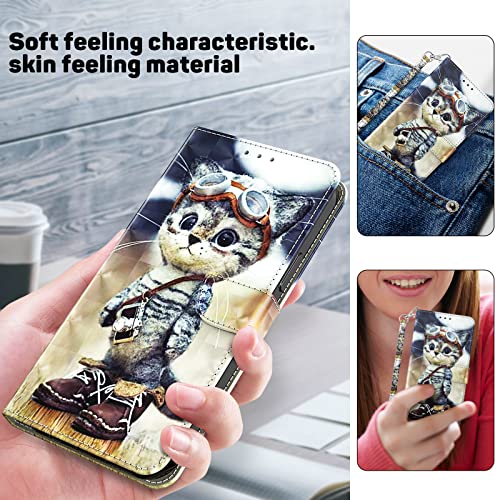 ALILANG Phone Case for Oppo A17 Case, Magnetic Stand Flip PU Leather Cover with Card Holder Protective Shockproof for Oppo A17 Wallet Case-Naughty Cat