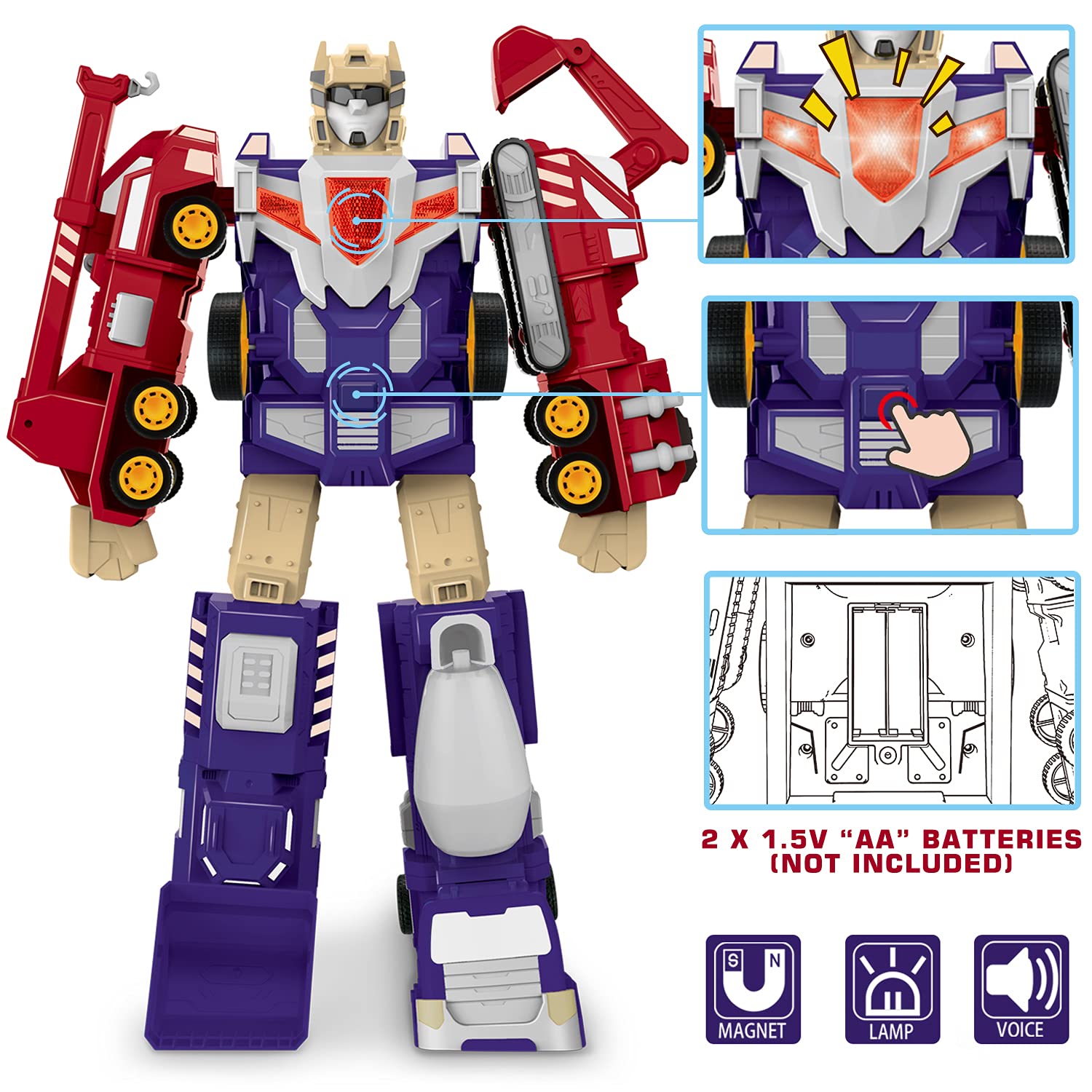 Bakatatoyz 5 in 1 Transform Robot Toy Car, Construction Toy for Boy Toddler Kid, 5 Pull Back Truck Assemble Into Robot Action Figure with Light & Sound, Magnetic Take Apart STEM Toys Birthday Gift