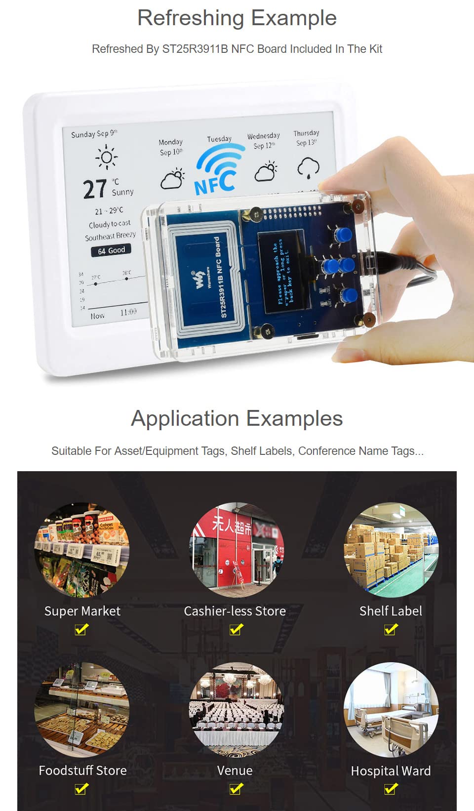 Waveshare 7.5inch NFC e-Paper Eval Kit Bundle with 7.5inch NFC-Powered e-Paper ST25R3911B NFC Board Micro Card 16GB Micro Card Reader USB-A to Micro-B Cable(5 Items)