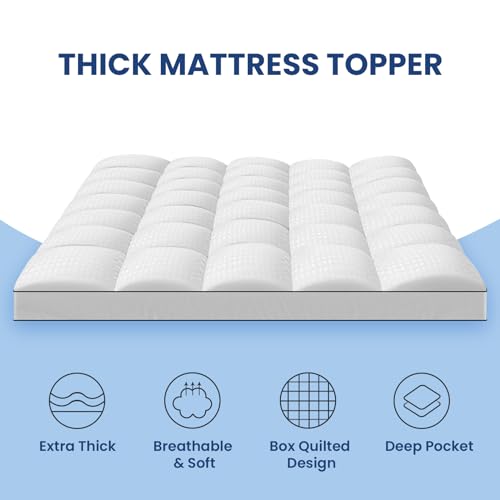 Queen Mattress Topper for Back Pain Extra Thick Mattress Pad Cover with 8-21 Inch Deep Pocket Pillow Top Mattress Topper Overfilled with Down Alternative, White