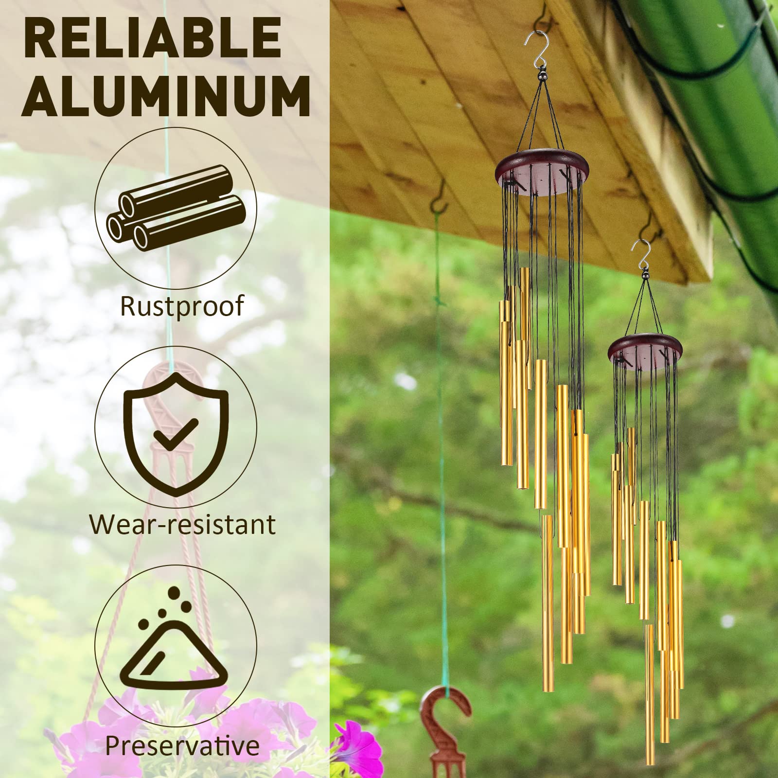 6 Pieces Wind Chimes 28 Inch Deep Tone Wind Chimes with 6 Aluminum Tubes Memorial Wind Chimes Outdoors Soothing Melody Wind Chimes Rustic Wind Chimes for Farmhouse Garden Patio Home Decor (Gold)