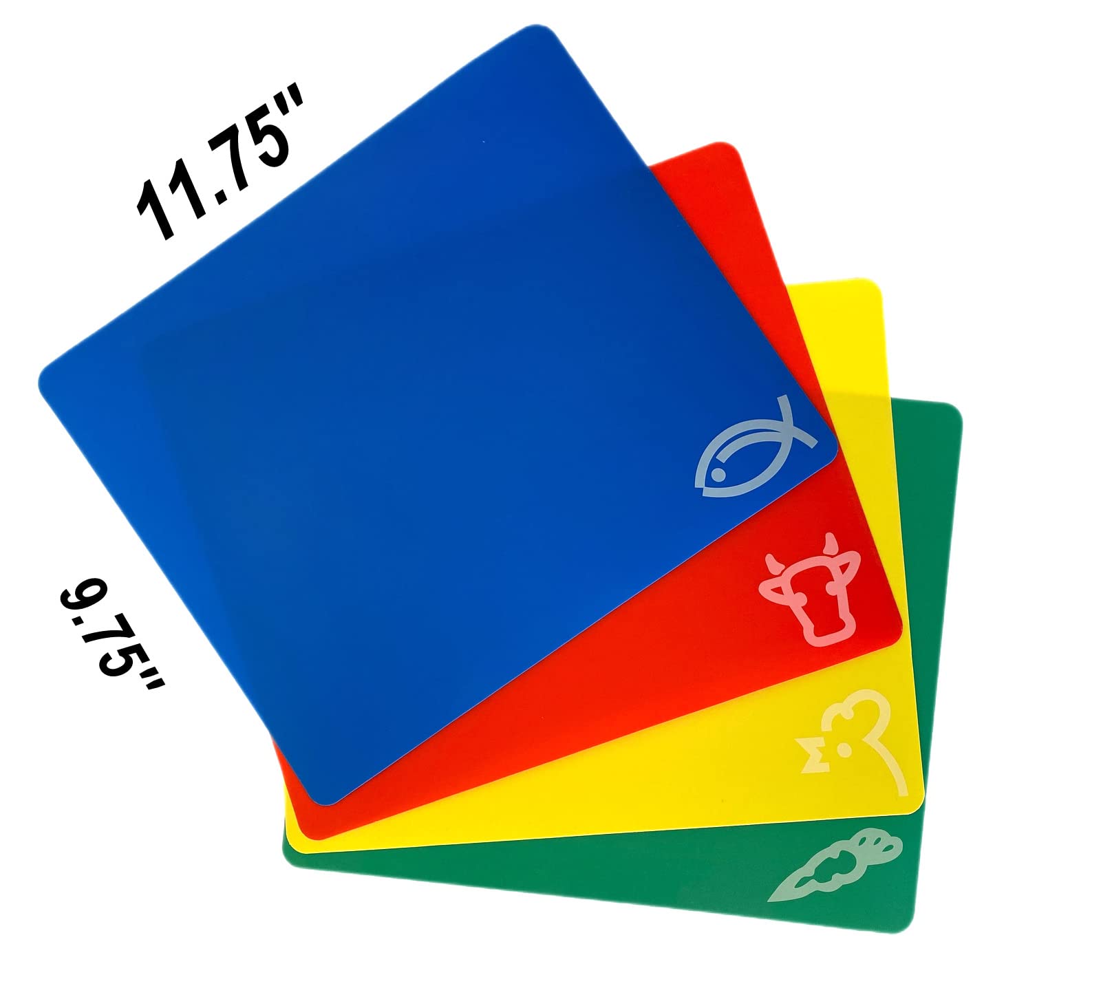 4pc Cutting Boards Flexible Plastic Color Coded Mats Food Icons Meat Vegetable Fish Chicken Chopping Small Busy Kitchen Countertops Catering Thanksgiving Picnic Dinner Party 9.75’’ x 11.75’’