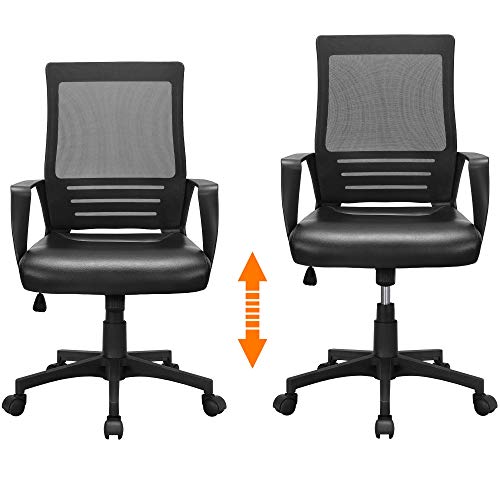 Yaheetech Ergonomic Office Chair Leather Seat and Mesh Back Combine Computer Chair Executive Chair Mid-Back Rolling Swivel Chair w/Lumbar Support and Armrests Adjustable Height for Office,Black