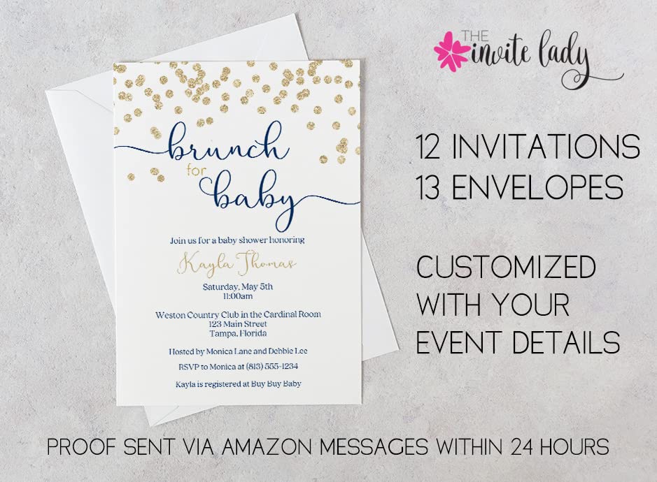 Brunch for Baby Invitations Shower Sprinkle Invites Navy Blue Gold Confetti Mimosa Champagne Glitter Sparkly Boys Printed Cards (12 count)