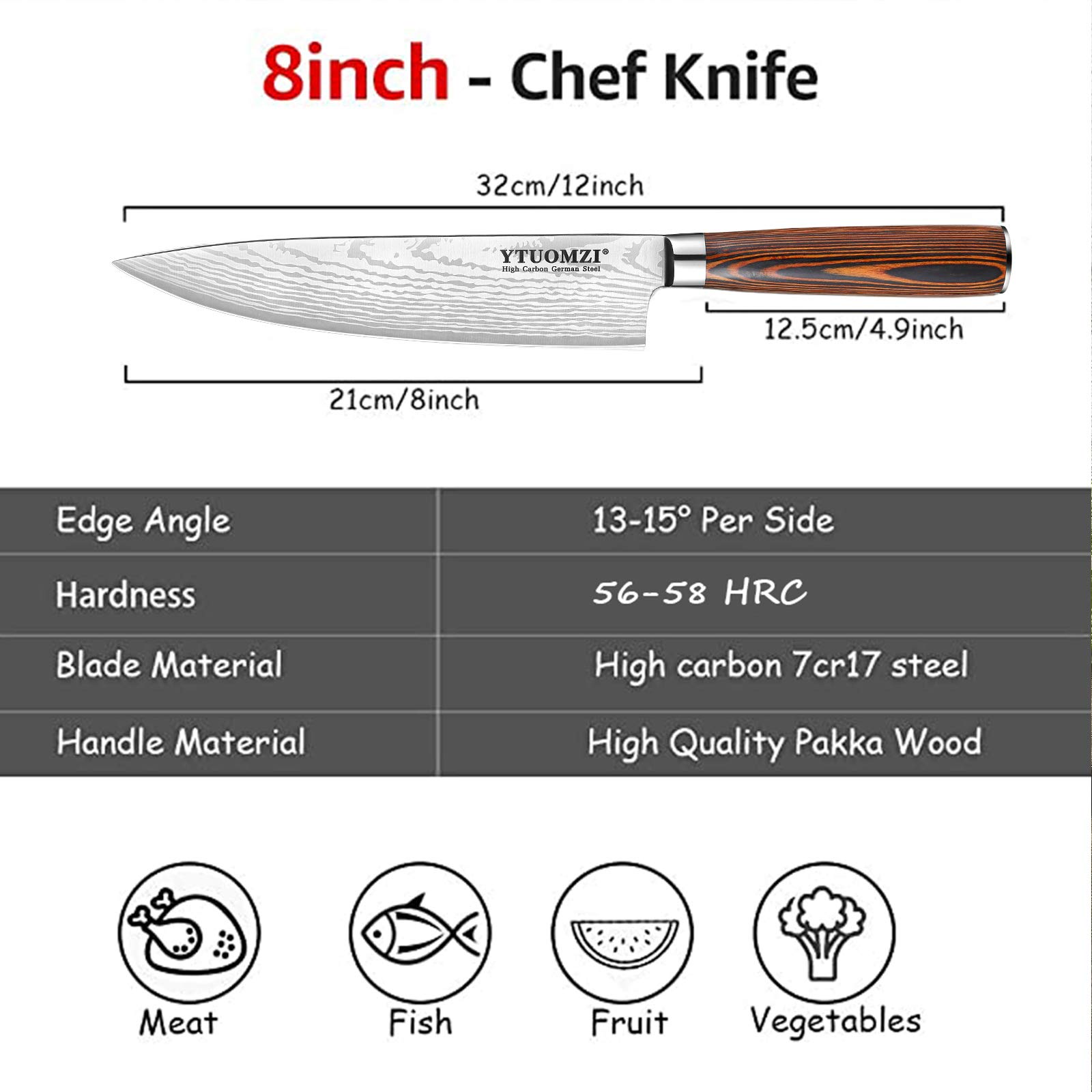 Ytuomzi Razor-Sharp Chef Knife, 8-inch High Carbon Stainless Steel Chef's Knife for Home Kitchen & Restaurant, 8" Chef Kitchen Knife with Sheath & Gift Box, Ergonomic Handle