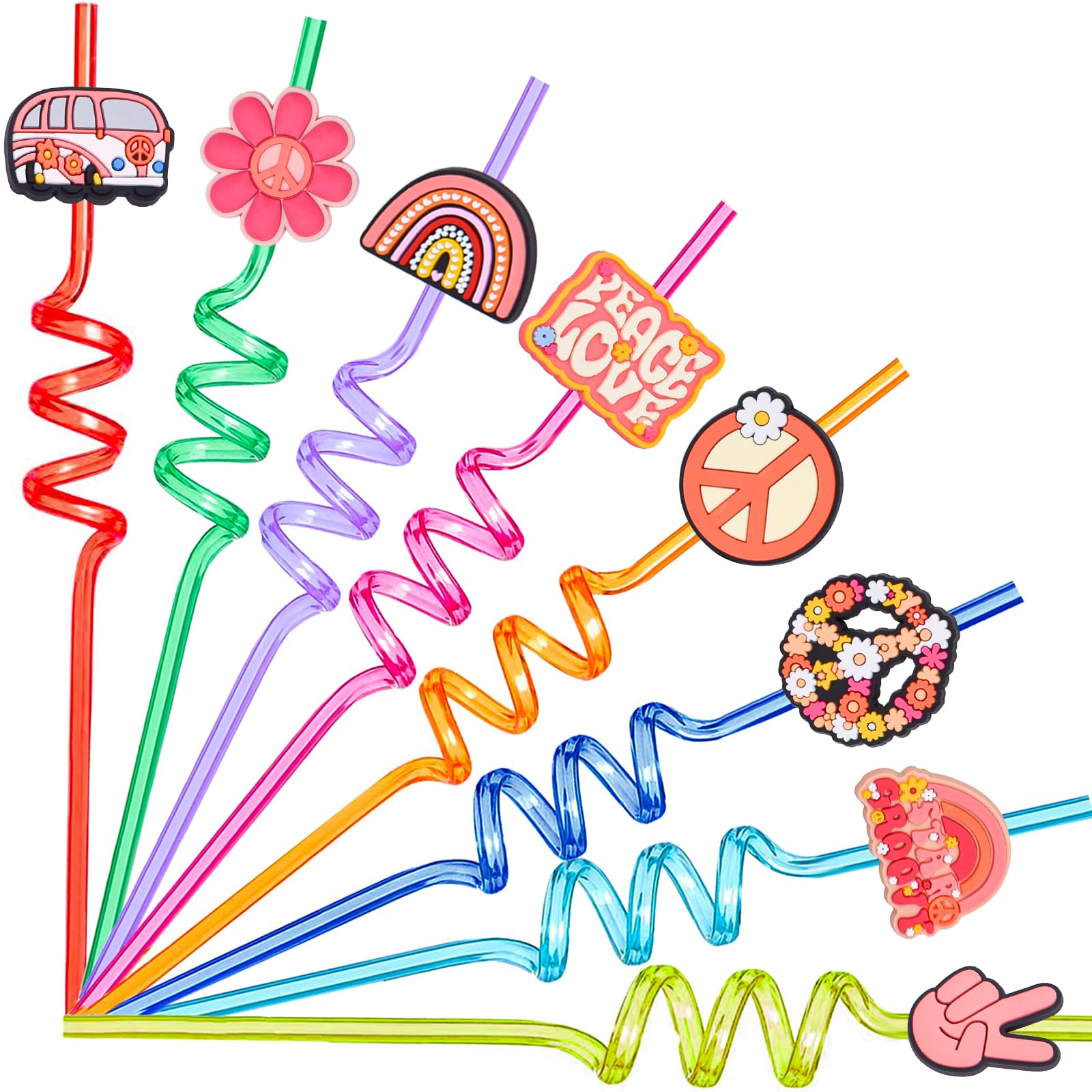 24 Pcs Hippie Boho Party Straws Two Groovy Reusable Plastic Drinking Straws with Cleaning Brush Peace Love 60's Rainbow Flower Birthday Supplies