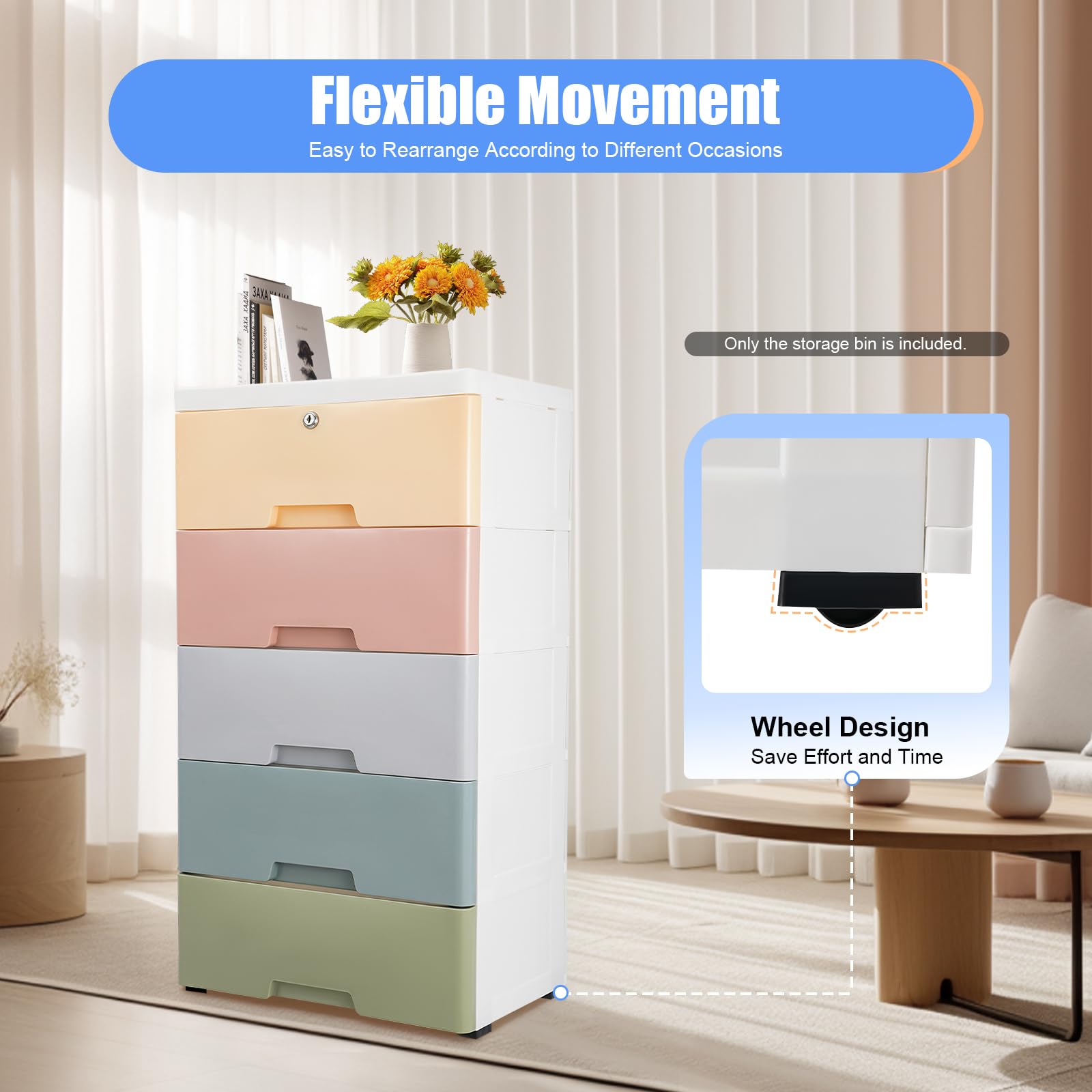 LUOSHALIYA 5-Drawer Storage Cabinet, Stackable Vertical Storage Tower with Key, Organizer Unit for Hallway Entryway, Storing Books, Office Supplies