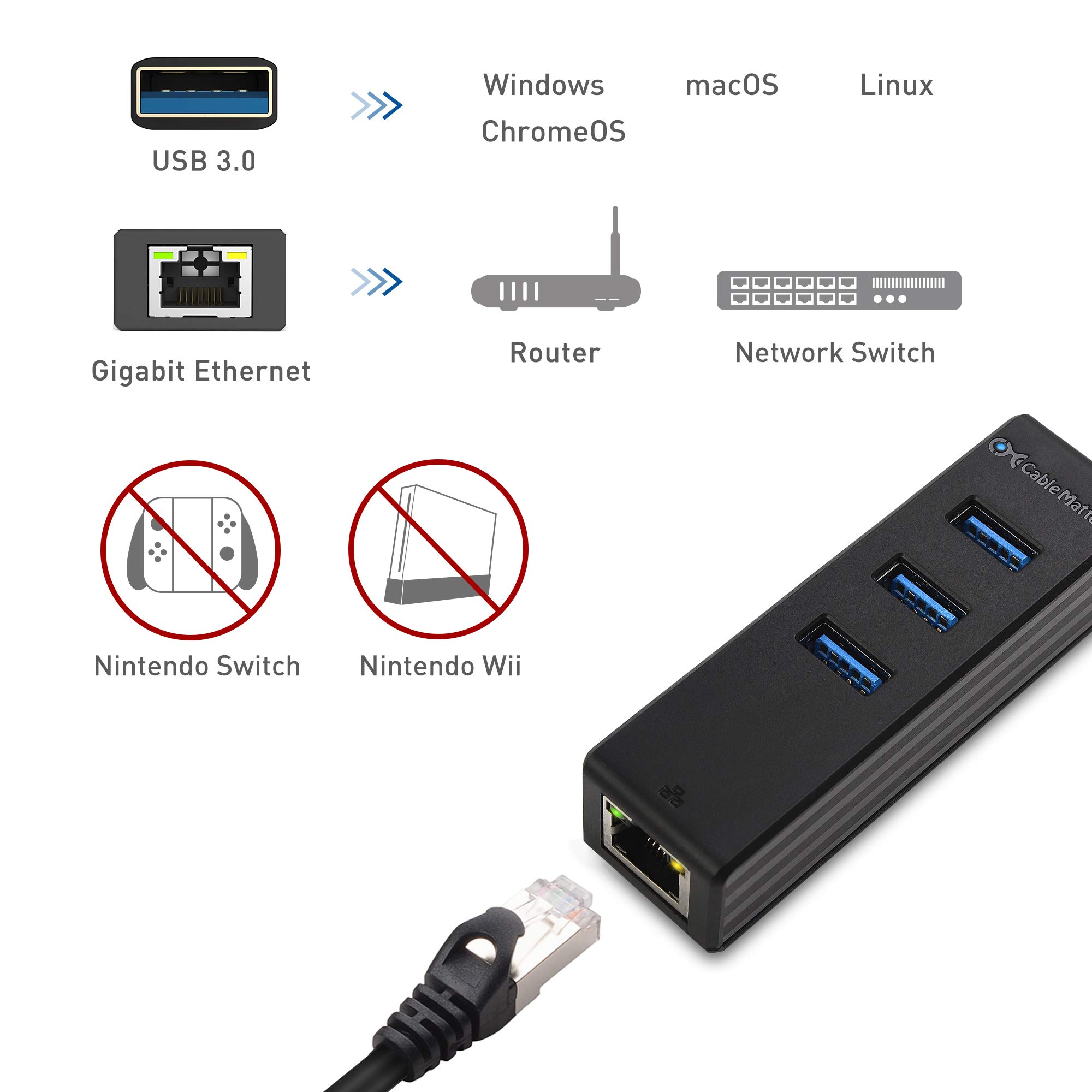 Cable Matters 4-in-1 USB Hub with Ethernet, Support Gigabit Ethernet (USB 3.0 Hub Ethernet, USB to Ethernet Adapter, Gigabit Ethernet USB Hub, USB Ethernet Hub) with 10/100/1000Mbps Network in Black