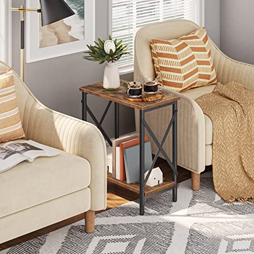 ALLOSWELL Side Tables, Hallway End Tables Set of 2, Narrow Night Stands for Livingroom, Bedroom, with Storage Shelf, Slim Night Tables X-Shaped Design, Industrial Style, Rustic Brown ETHR4801S2