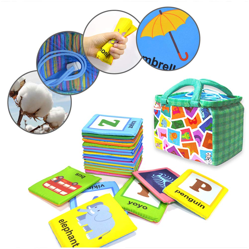 AUVCAS Soft Baby Alphabet Cards 26 Letters Learning Flash Cards with Cloth Bag,Early Educational Toy for Kids Toddlers Babies Infants