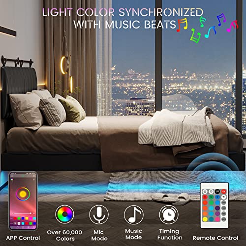 Hasuit Queen Floating Bed Frame with Led Light, Modern Inspired Queen Size Bed Platform, Vegan Leather Upholstered Wall Mounted Headboard, No Box Spring Needed, Noise Free, Easy Assembly