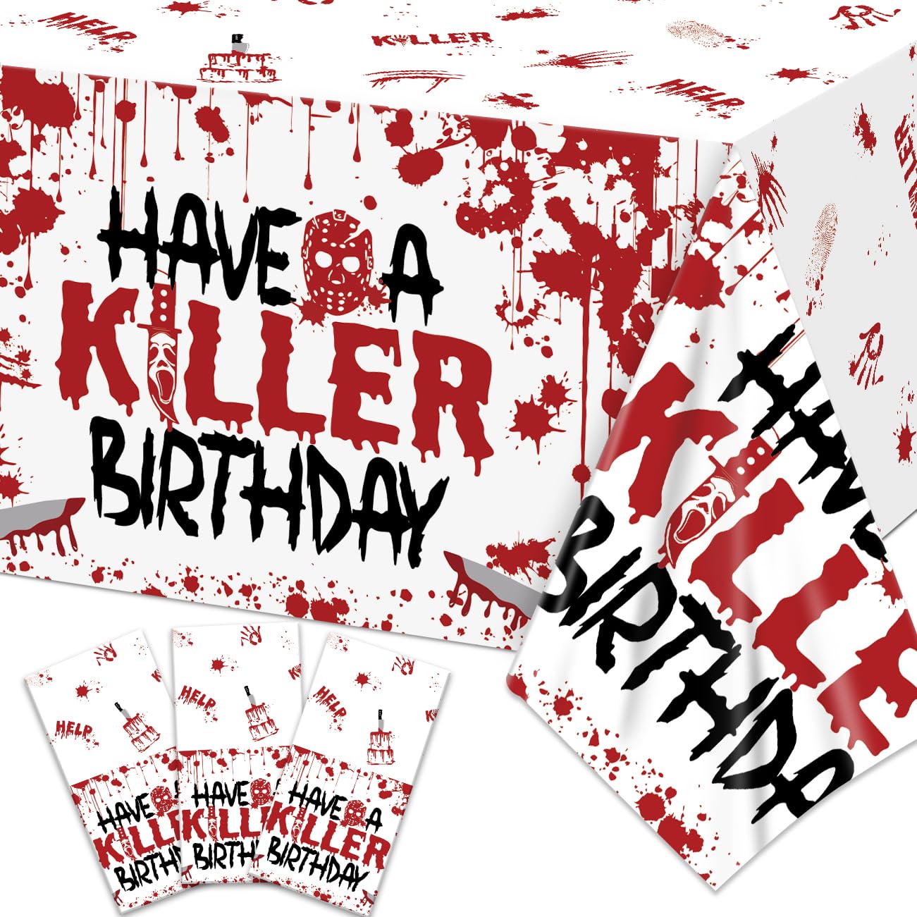 3PCS Halloween Birthday Party Decorations Halloween Birthday Tablecloths Have a Killer Birthday Table Cover Rectangular Plastic Scary Bloody Hand Table Cloth for Halloween Birthday Party Supplies