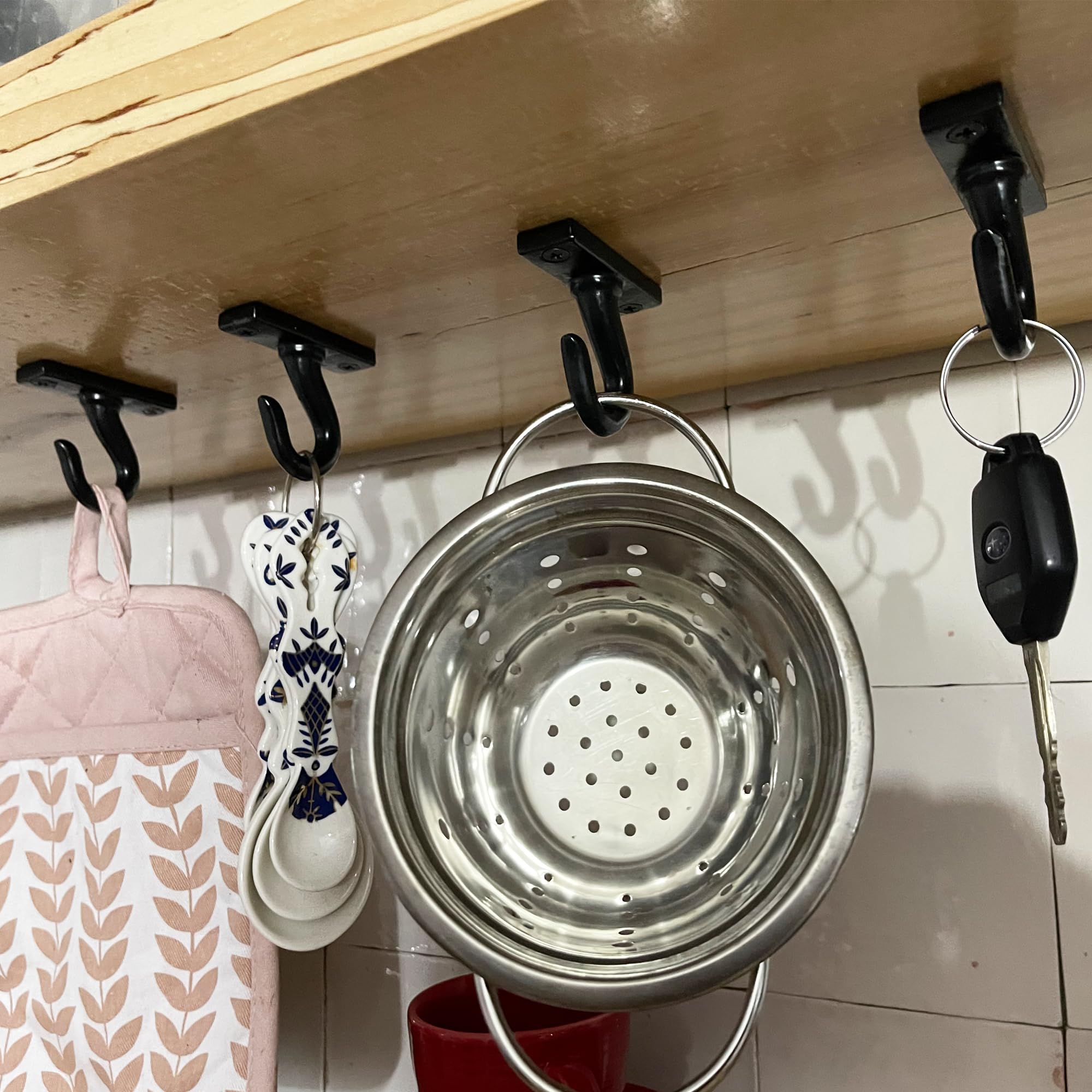 Antique Hardware Depot - 2.5β-Under Cabinet or Shelf Coffee Mug Holder β Cup Hooks Separator β Decorative Black Iron Hangers - Create Rack Under Counter or Wall β Cups, Keys, & Utensils (4-Hooks)