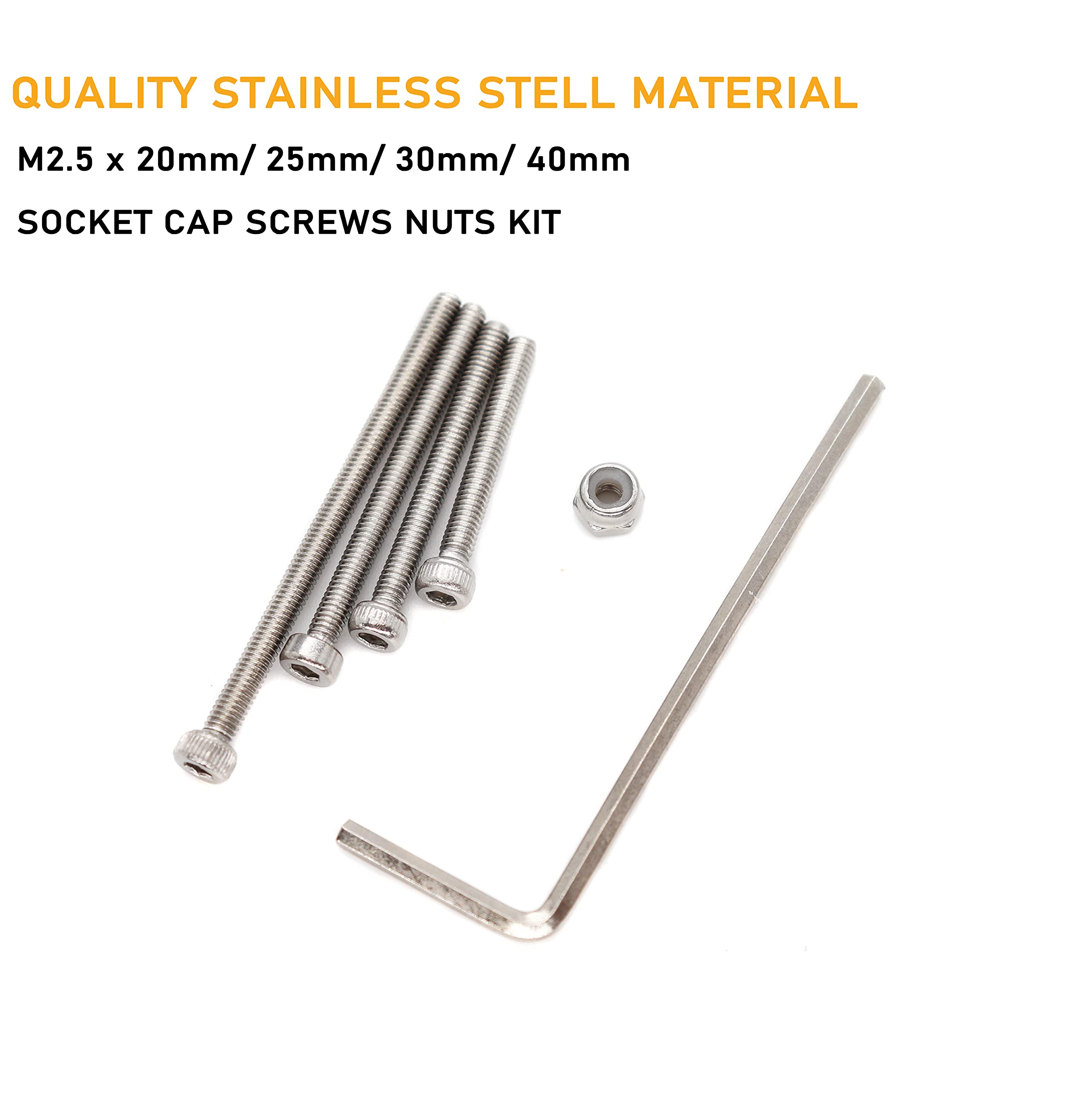 binifiMux 160pcs M2.5 Hex Socket Cap Screws Self Locking Nuts Assortment Kit with Wrench, Silver 304 Stainless Steel, M2.5x20mm/ 25mm/ 30mm/ 35mm/40mm/45mm