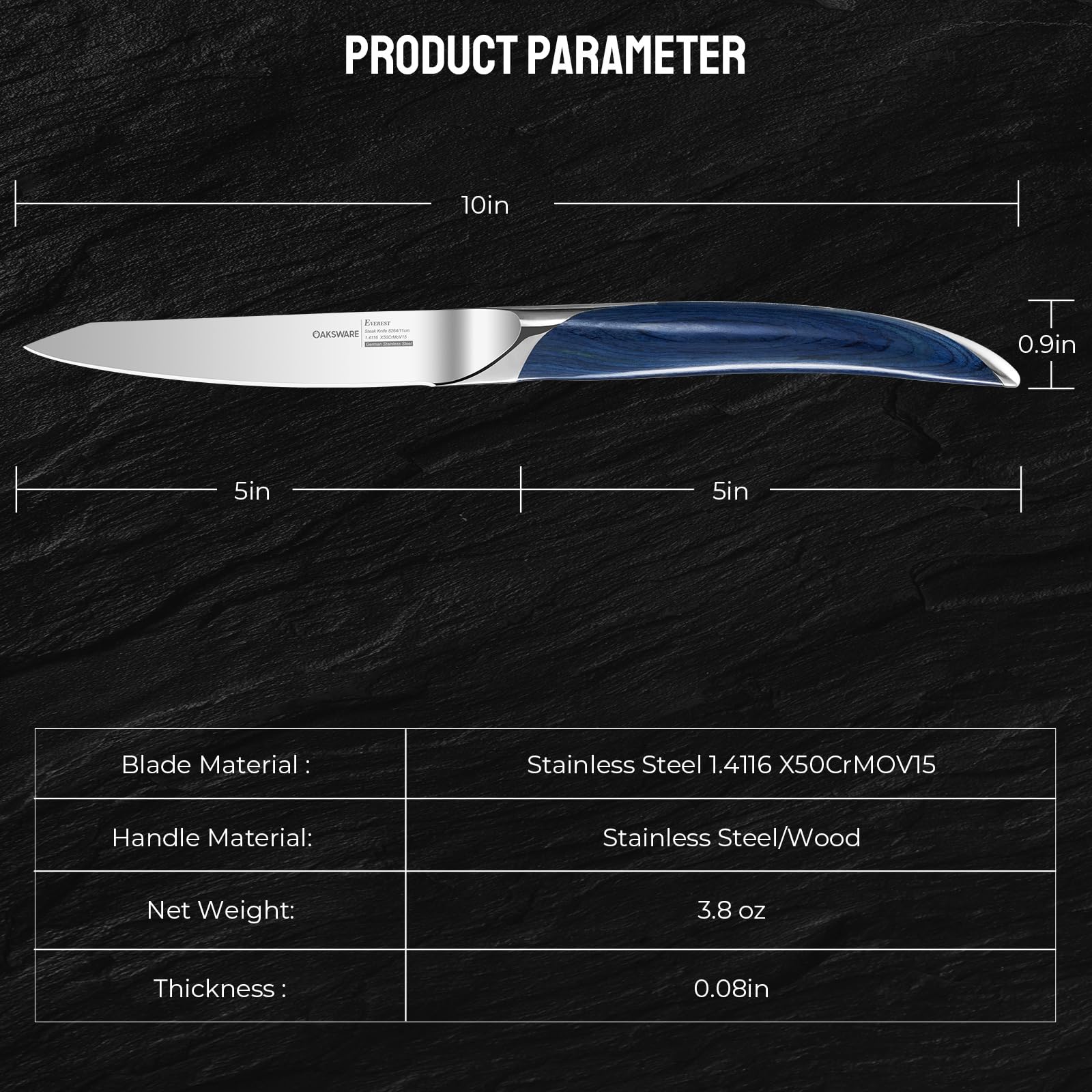 OAKSWARE Non Serrated Steak Knives Set of 8, 5 Inch German High Carbon Steel Steak Knife for Kitchen, Sharp Knives with Full-Tang Ergonomic Handle, Rust Resistant & Easy to Maintain, Blue