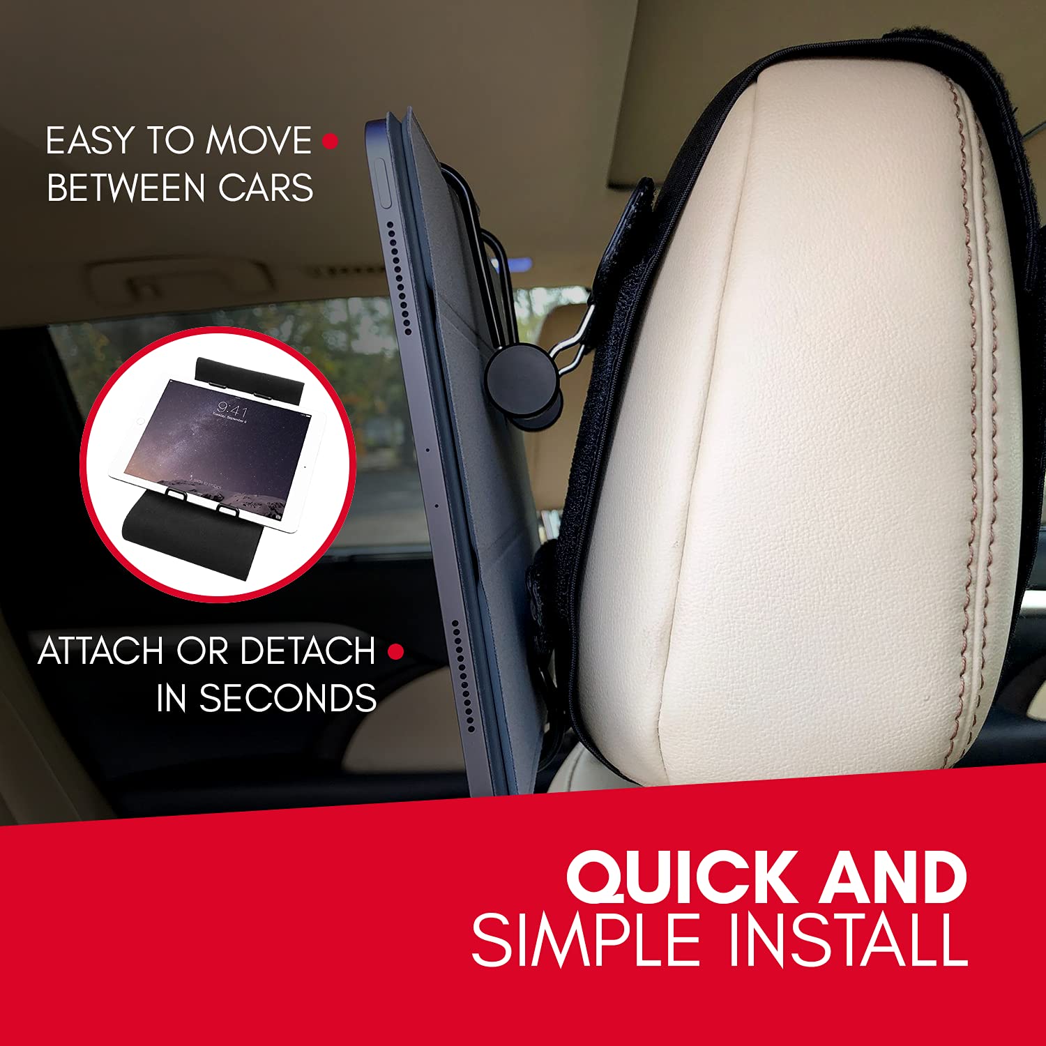 Macally Tablet Holder for Car Headrest for Happy Kids - (Upgraded) iPad Car Holder Back Seat Mount Strap - Rear Facing Head Rest iPad Holder for Car Backseat with Adjustable Case Angles