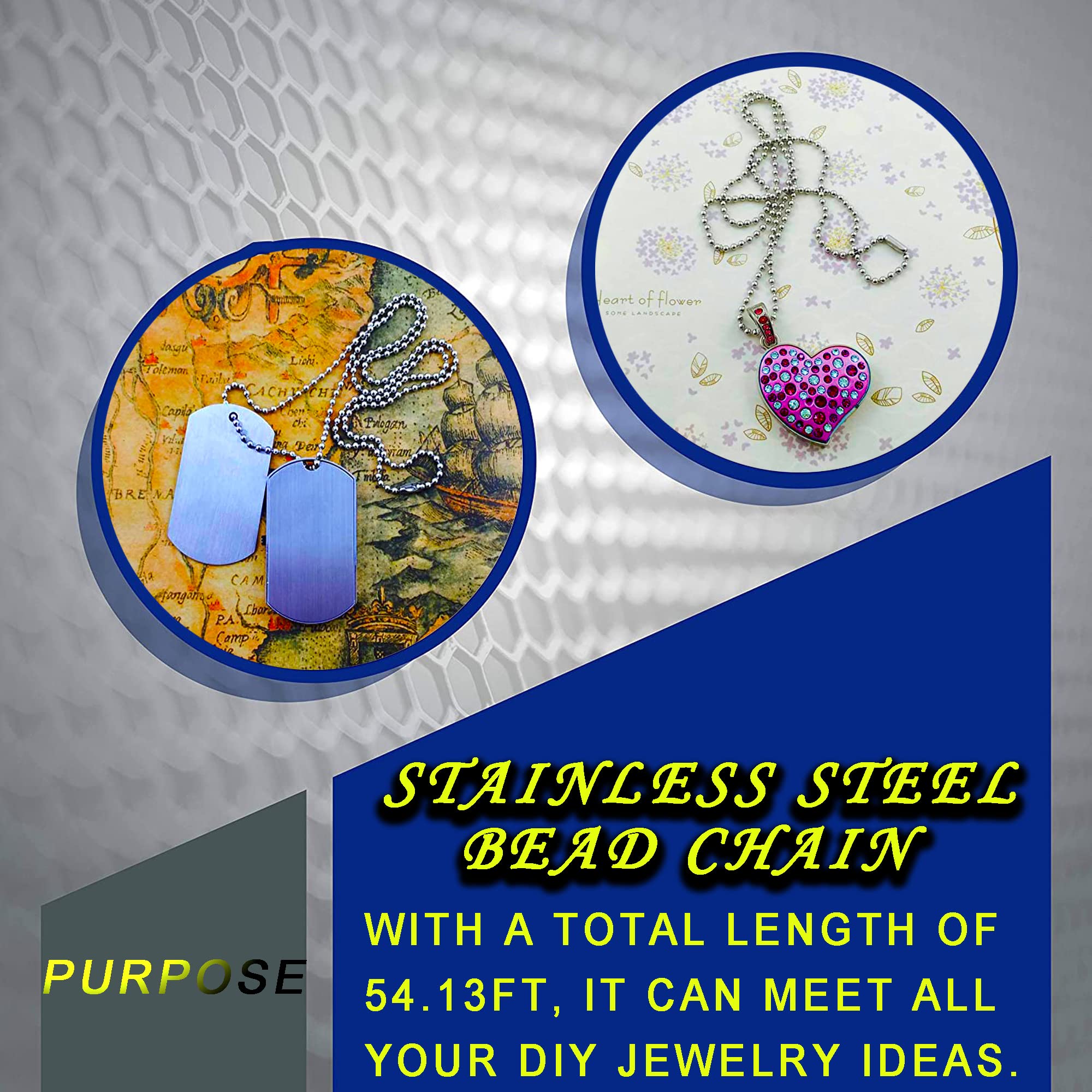 Stainless Steel Ball Chain, Necklace Chain Ball Bead, 55ft Bead Chain Ball Chain Bulk Bead Chain with 100 Pcs Matching Connectors Clasps for Necklace Hanging, Dog Tag, DIY Crafts, 2.0mm Diameter