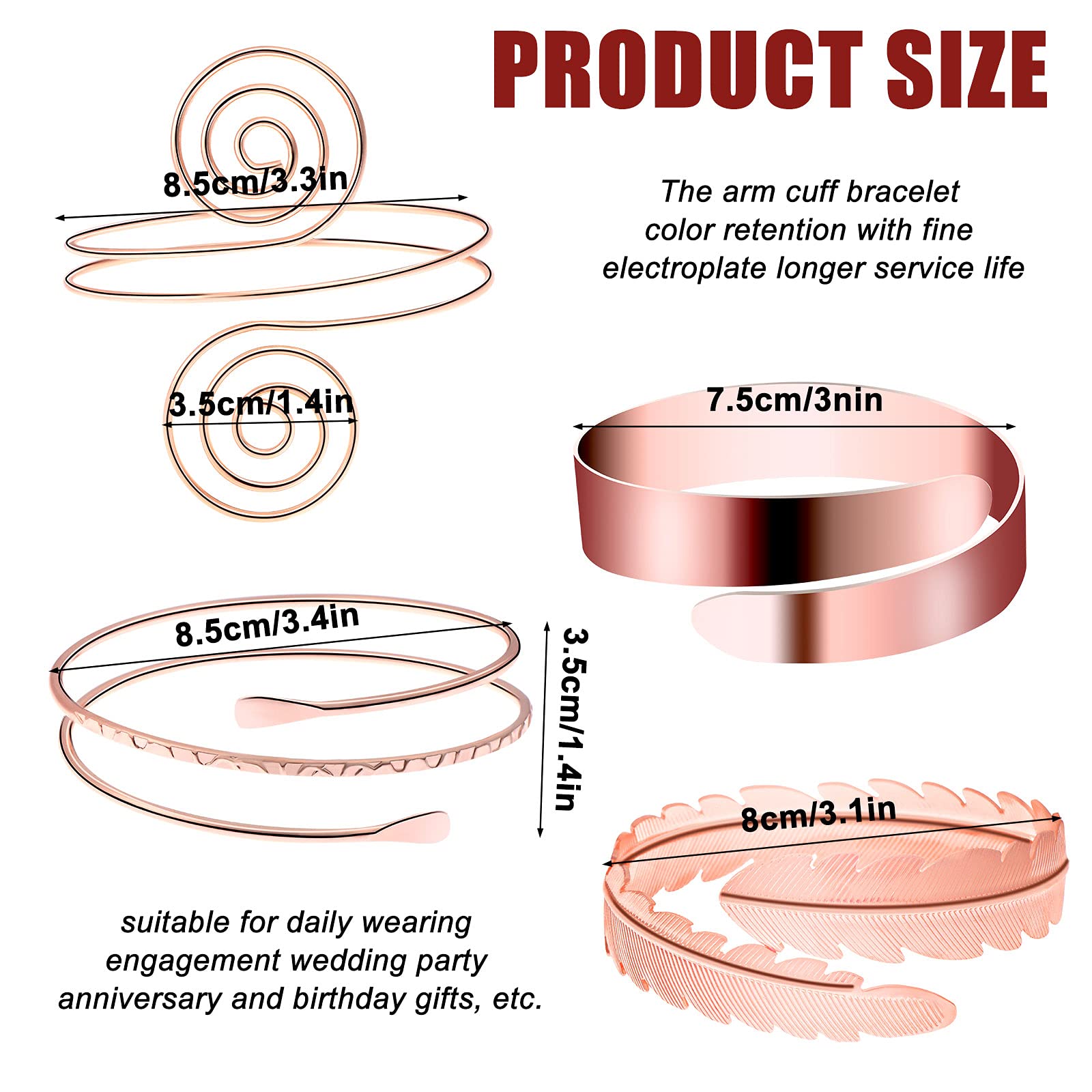 37YIMU 6 Pieces Arm Cuff Upper Arm Band Cuff Bracelet Bangle for Women Rose Gold Adjustable Armband Set